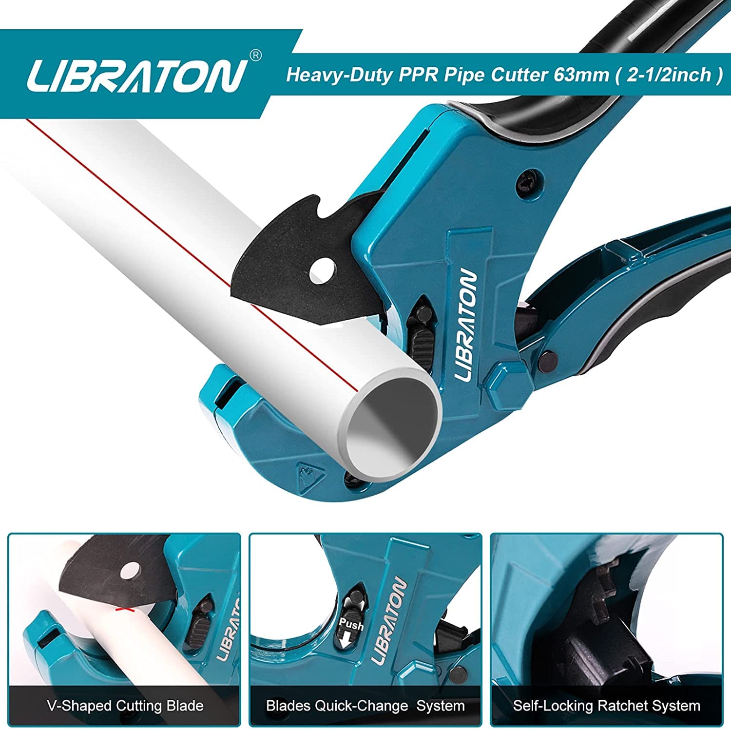 Libraton PVC Pipe Cutter, Up to 2-1/2", Ratchet Pipe Cutter Heavy-Duty, Pex Cutting Tool for Cutting PEX, PVC, PPR Plastic Hoses and Plumbing Pipe