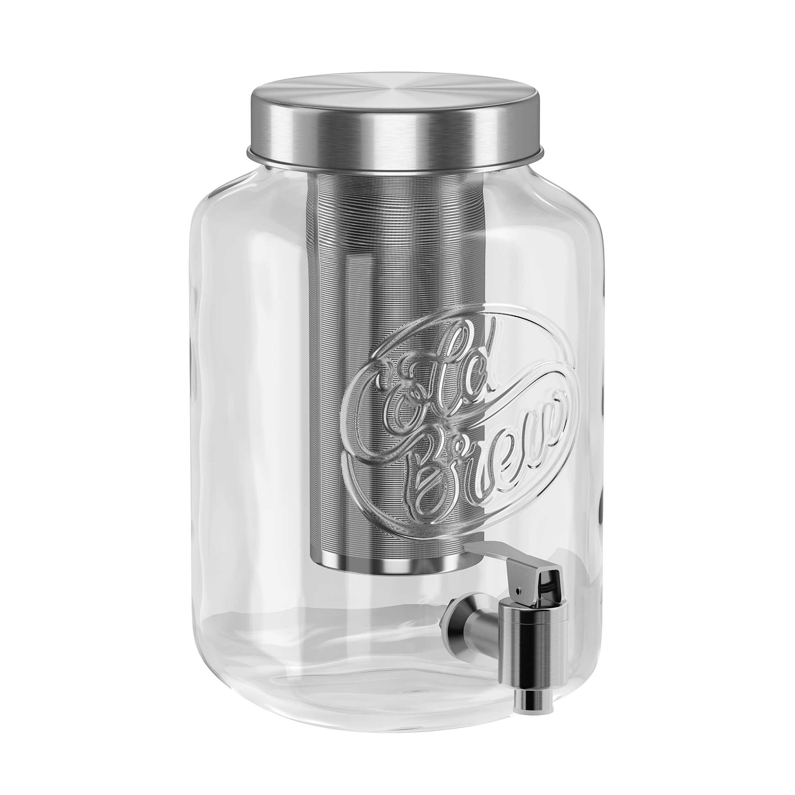 Kook 1 Gallon Mason Jar Drink Dispenser, Thick Glass Carafe, Stainless Steel Spigot and Mesh Filter, Premium Iced Coffee Maker, Cold Brew Pitcher & Tea Infuser