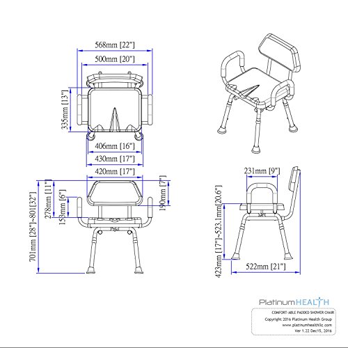 Padded Shower Chair and Bath Chair with Armrests and Back, Comfortable Deluxe Shower Chair for Inside Shower and Bathtub for Elderly and Seniors Safety, Adjustable Height, Institutional Quality, Blue