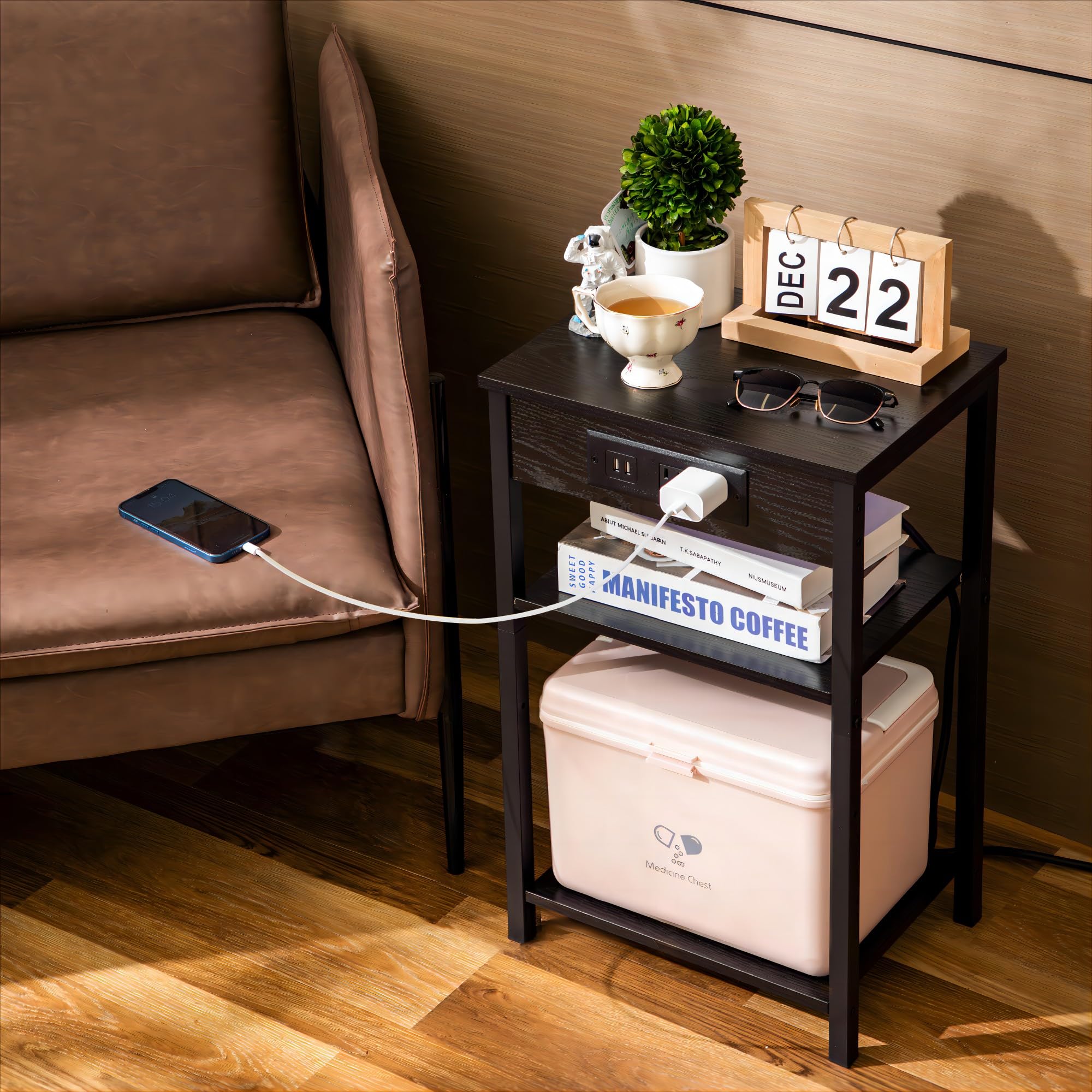 Rietolax LED End Table with Charging Station, Small Side Table for Living Room, Nightstand with USB Ports & Outlets, 3-Tier Bedside Table with Storage Shelf, Black