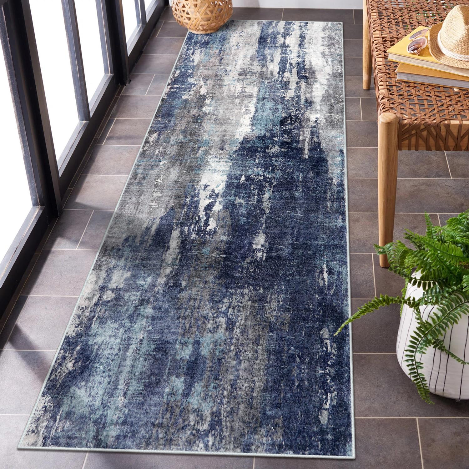 Uphome Washable Runner Rug, 2x6 Abstract Bathroom Runner Rug, Blue Soft Non-Slip Hallway Rug, Modern Neutral Aesthetic Indoor Rug for Kitchen Bedroom Porch