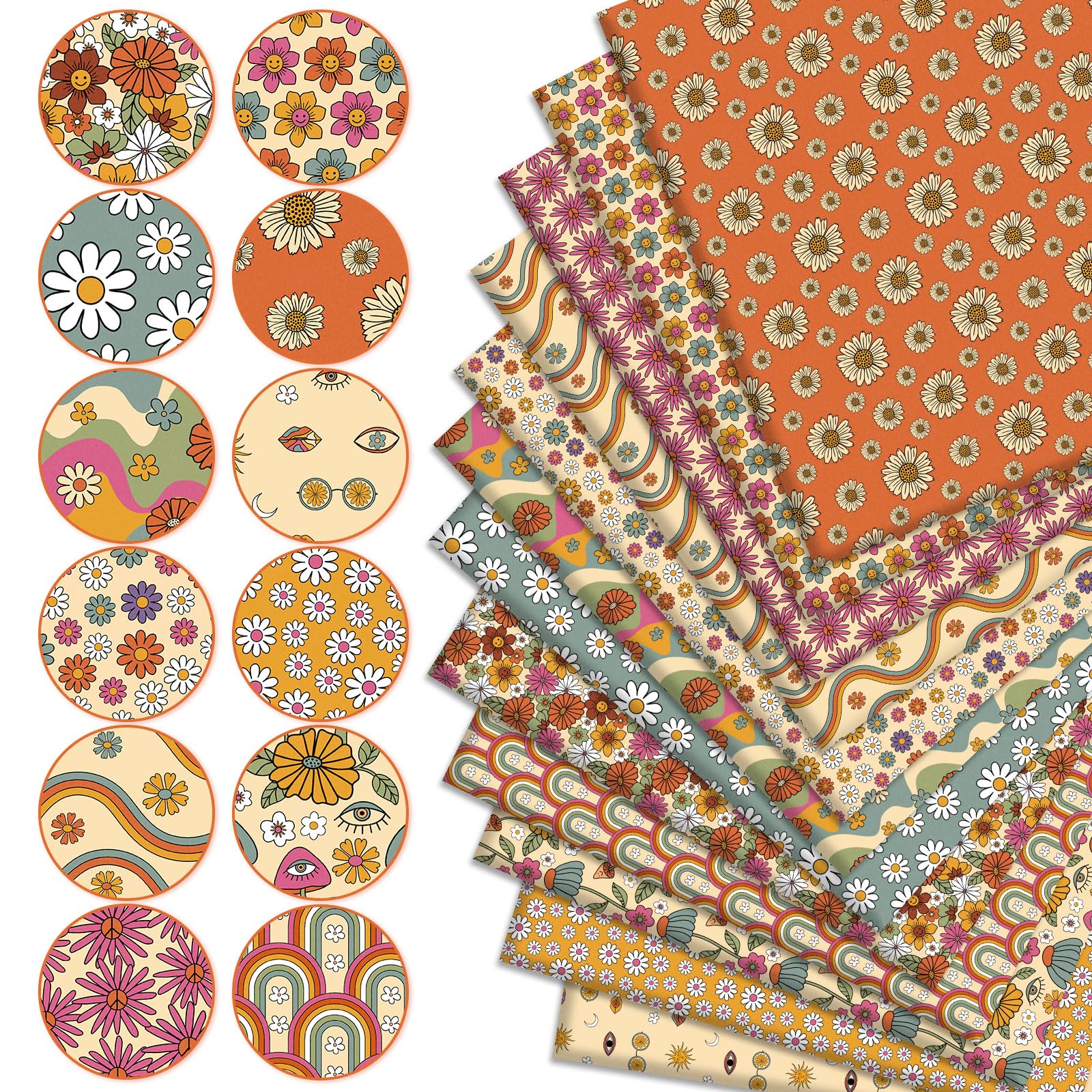 Whaline 12Pcs Retro Floral Cotton Fabric Bundles Rose Pink Boho Flower Rainbow Fat Quarters Groovy Hippie Quilting Patchwork for DIY Handmade Crafting, 18 x 22 Inch