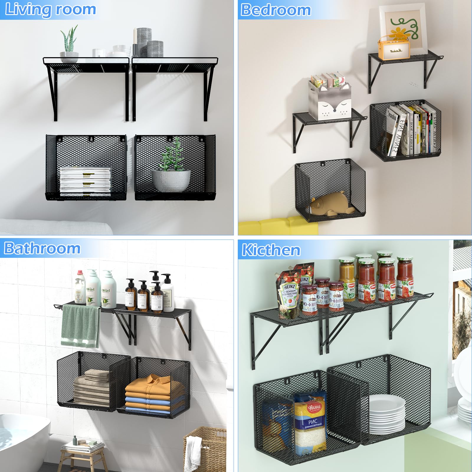 QHH Laundry Room Shelves Wall Mounted with Floating Shelves with Wire Storage Basket, Over The Washer and Dryer Shelf with Clothes Drying Rack, Wire Shelves Baskets for Laundry Organization