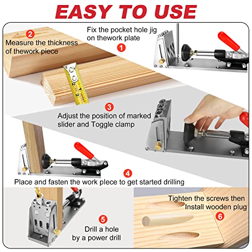 Pocket Hole Jig Kit - Adjustable Pocket Screw Jig Heavy Duty Aluminum Alloy Pocket Hole Jigs System for Woodworking, Carpenter Drill Jig for Angled Holes with 3 Drilling Bit Hole Puncher Locator