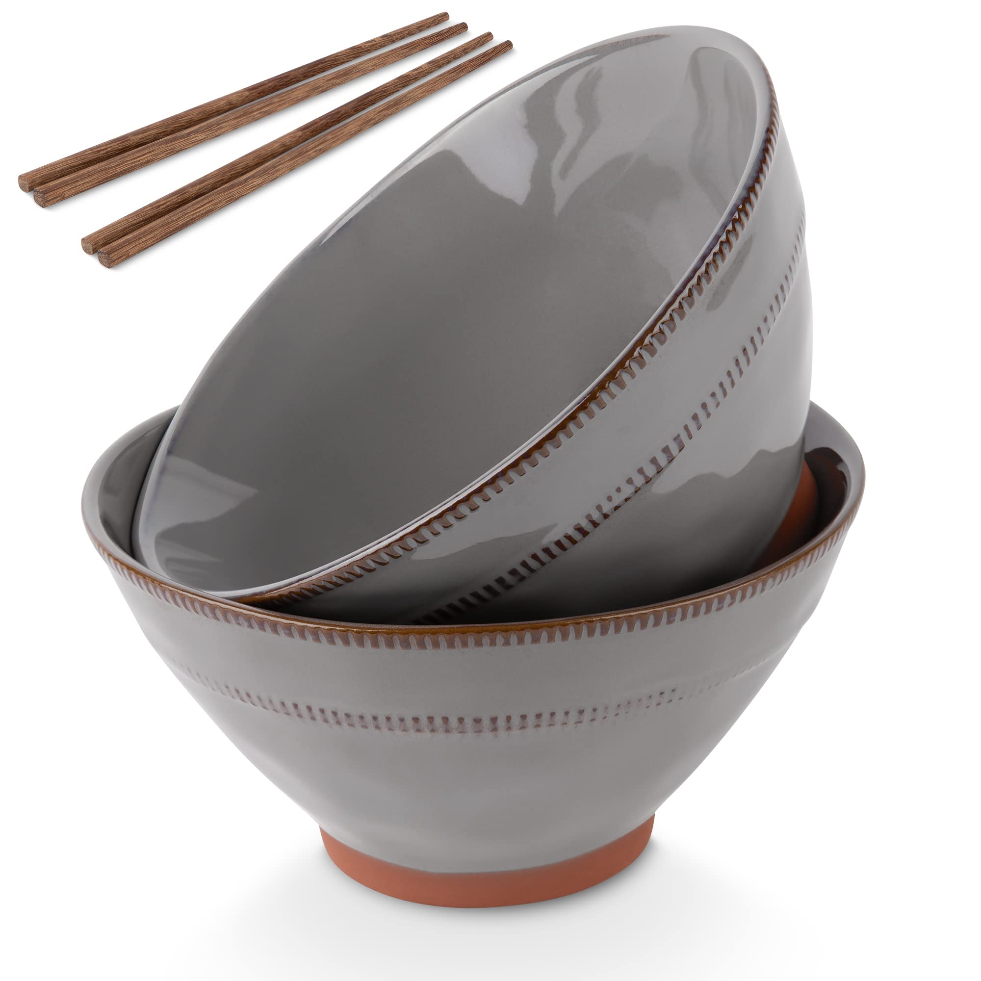 KooK Terracotta Japanese Ramen Bowls, Microwavable, Dishwasher Safe, for Rice, Udon, Soba, Pho, 36 oz, with One Set of Wooden Chopsticks, Perfect For Gifting, Set of 2 (Carbon Grey)