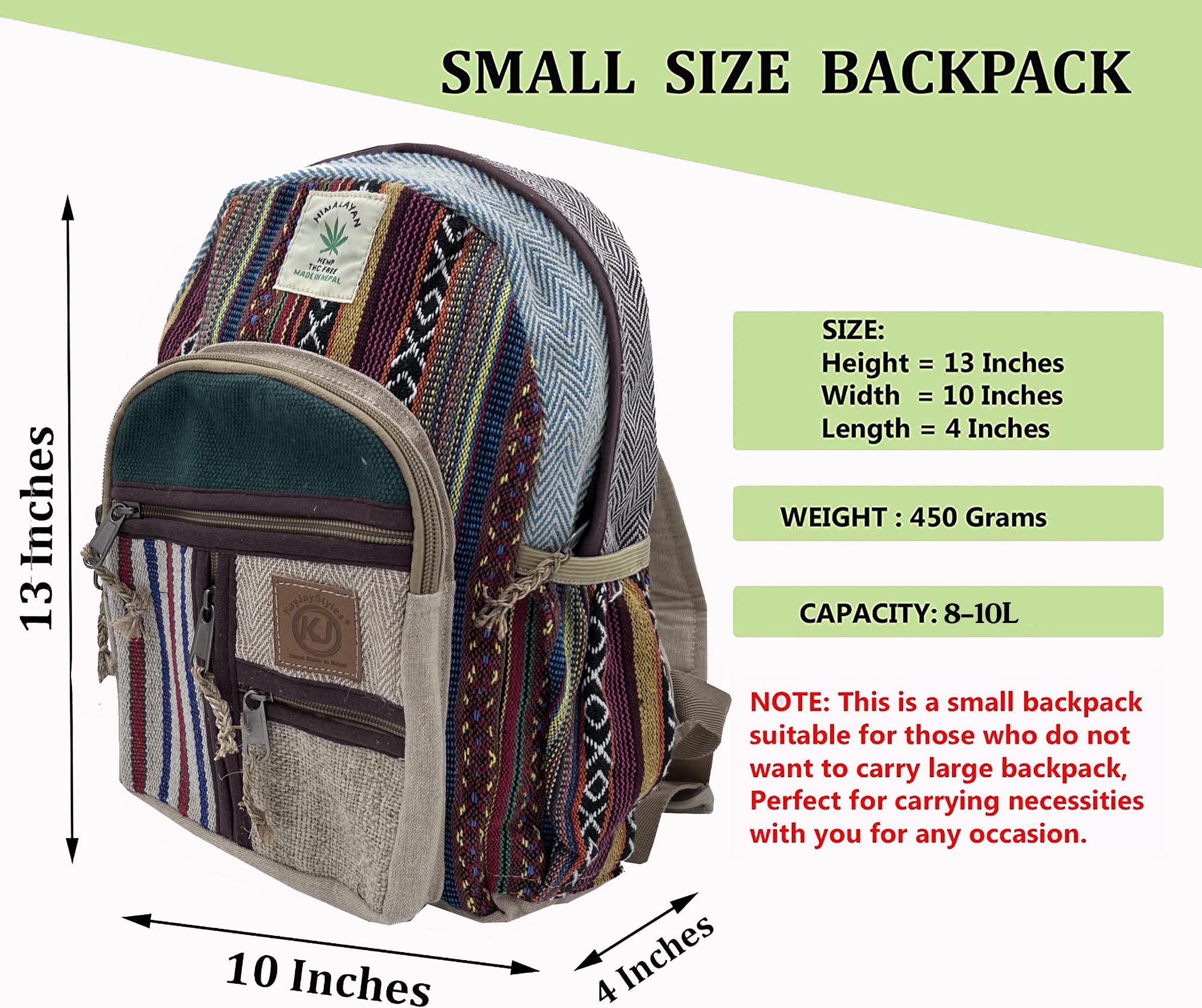 KayJayStyles Small Lightweight Daypack Backpack Handmade Himalayan Hemp Travel, Hiking, Purse for Men, Women (DayPack5)