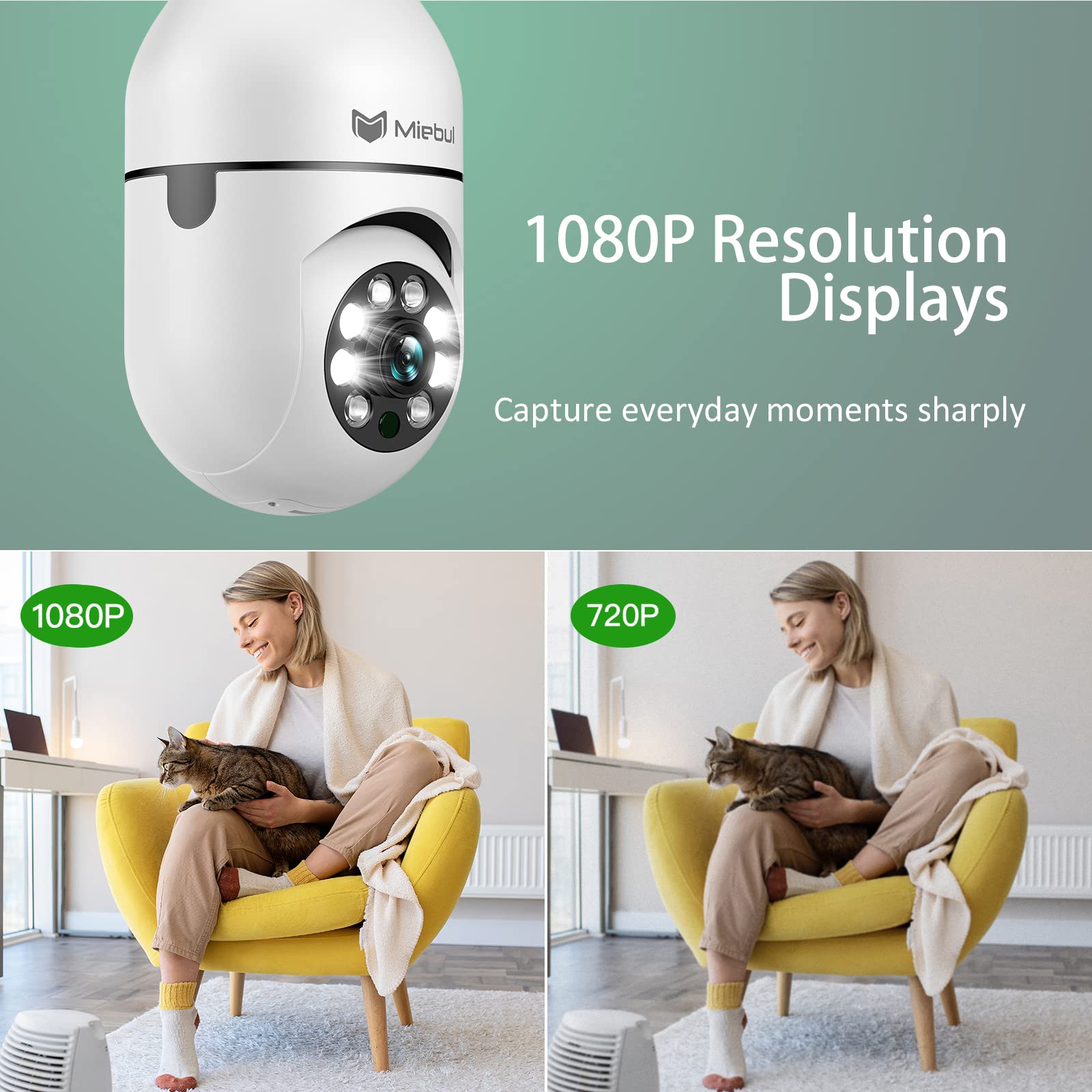 Miebul Light Bulb Camera, 2.4GHz WiFi Wireless Security Dome Camera, 1080P 355 Degree Security Surveillance Lightbulb Camera with Motion Detection Alarm Two Way Talk Night Vision Indoor