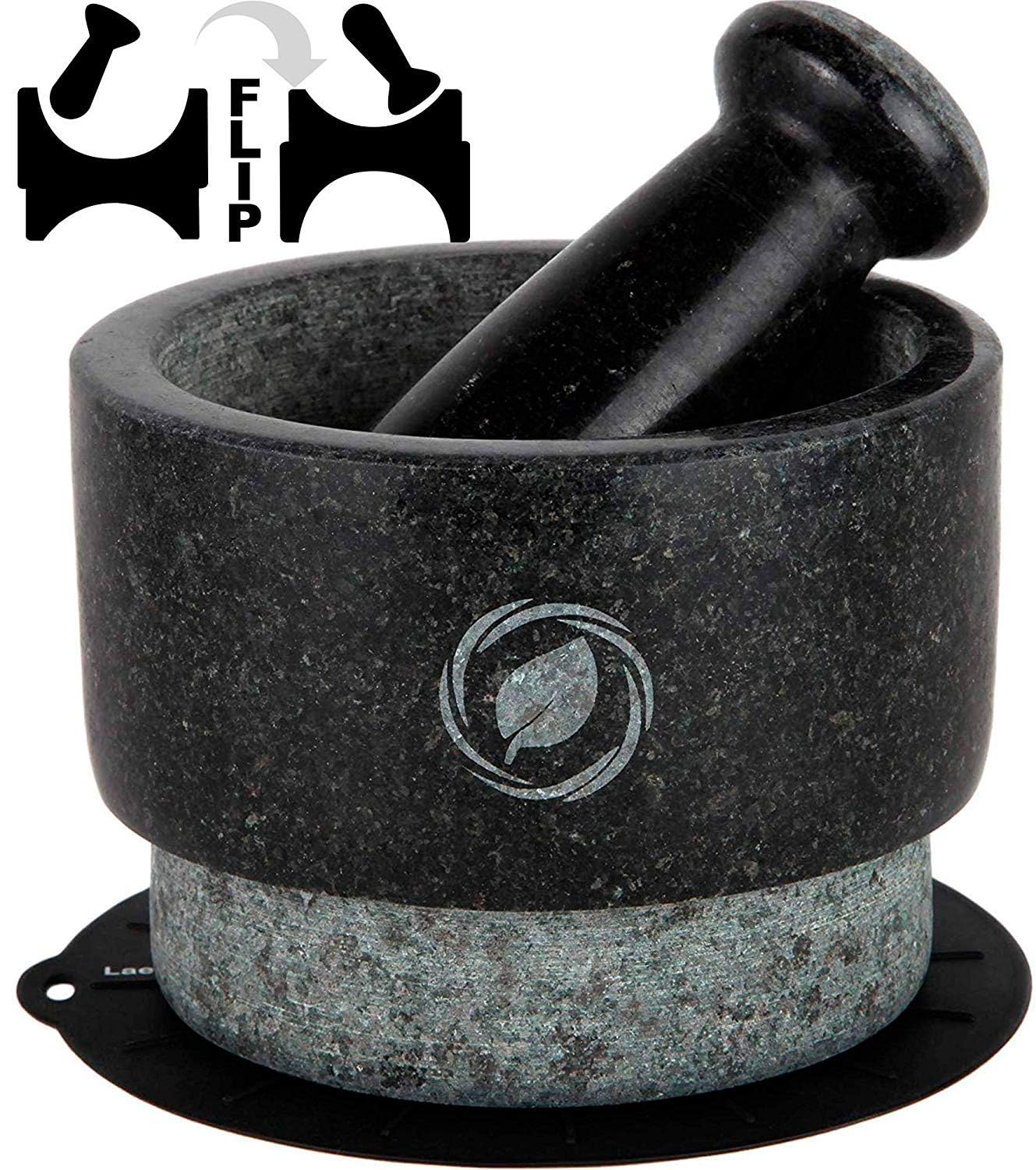 Laevo Mortar and Pestle Large Set - Black Granite Stone Spice Grinder, 2.1 Cup Capacity, 5.5" - Reversible Molcajete Mexicano - Guacamole, Pesto, Spices - Large Mortar & Pestles, Mortar and Pestle Set
