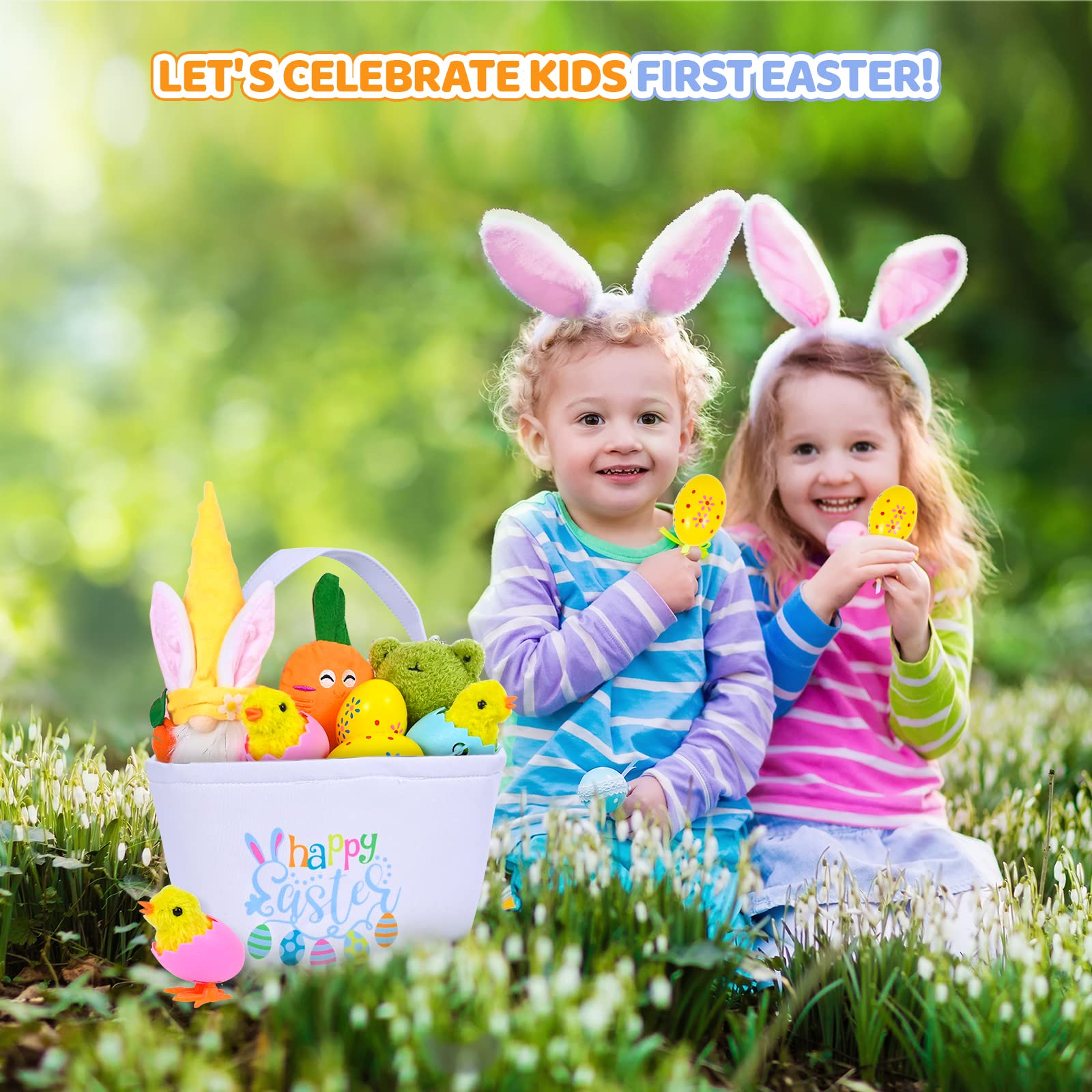 Newchin 9 Pcs Baby My First Easter Basket, Pre-Made Easter Basket Stuffers Toys for Easter Party Favors, Plush Easter Gifts for Toddlers Girls Boys - Includes Bunny Headband