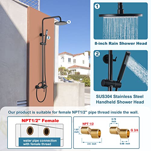 Outdoor Shower Fixture Set Matte Black SUS 304 Stainless Steel 8 Inch Rainfall Shower Head with Cylinder Handheld Spray Wall Mount Adjustable Slide Bar One Handle Shower Faucet