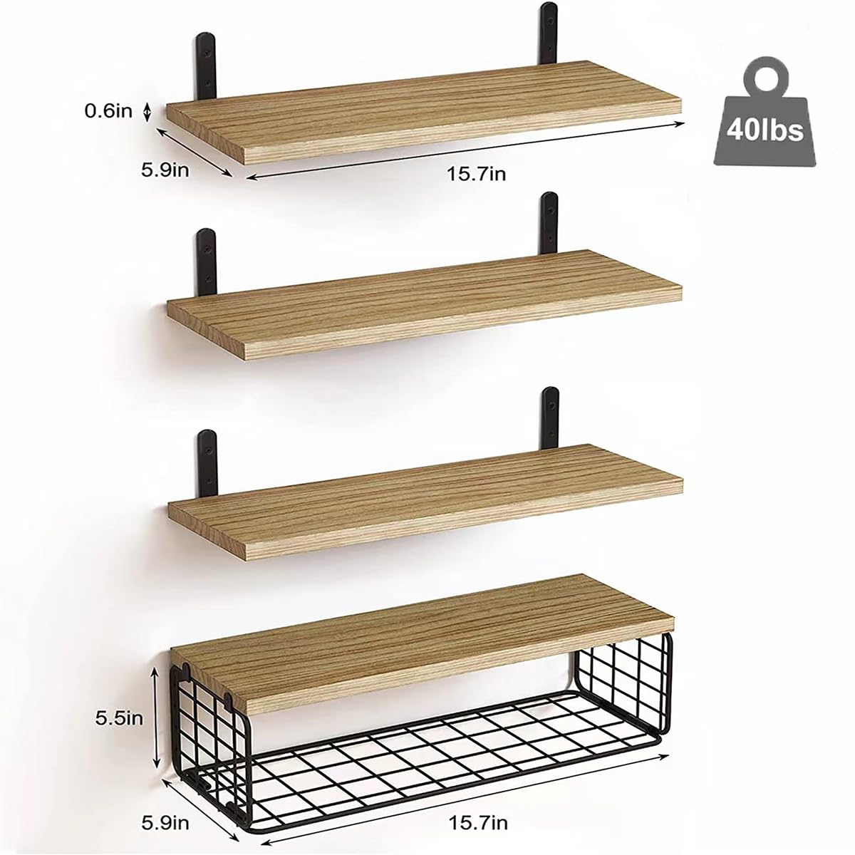 RUIJUXIN 4+1 Tier Floating Shelves, Floating Bathroom Shelf Wall Mounted with Wire Basket, Bathroom Shelfves Over Toilet, Farmhouse Wall Decor Plants