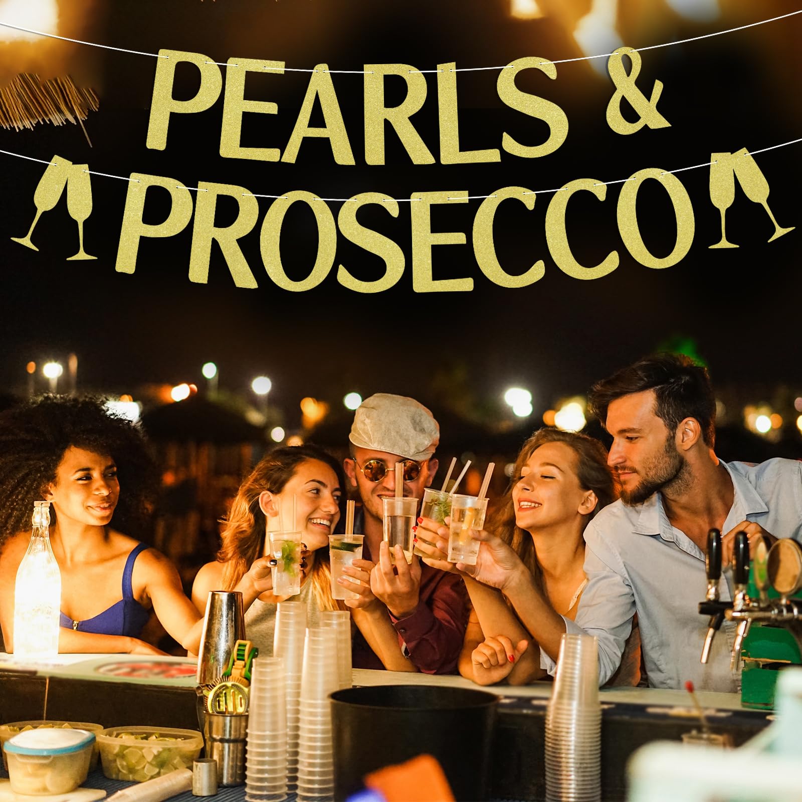 Pearls & Prosecco Banner - Champagne Bachelorette Party Decorations, Bridal Shower Party Decorations, Engagement or Bachelorette Party Decorations Gold Glitter