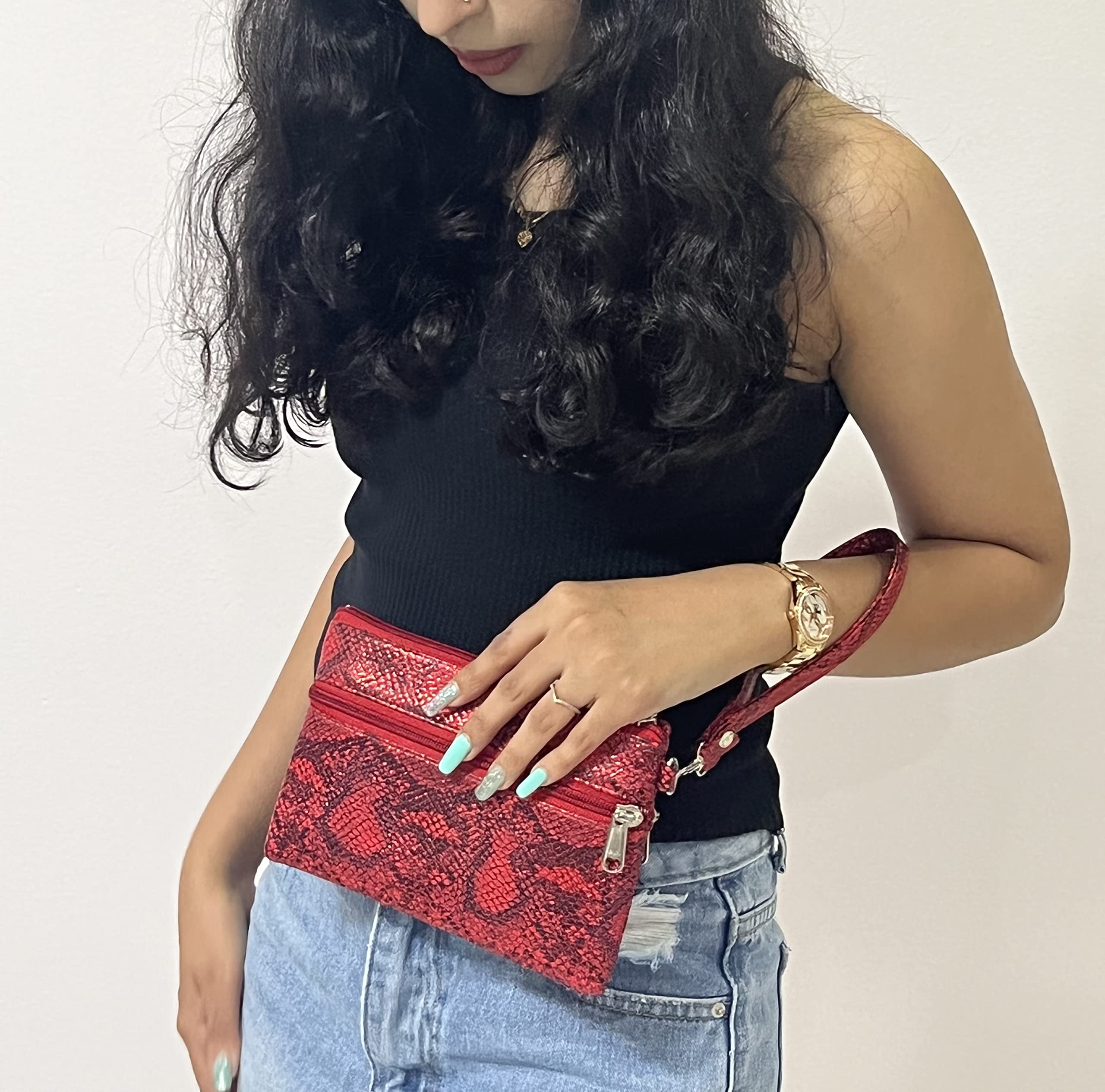 Liberty Leather Wristlet Purses for Women Red Clutch Cell Phone Wallet Vegan Leather Purse