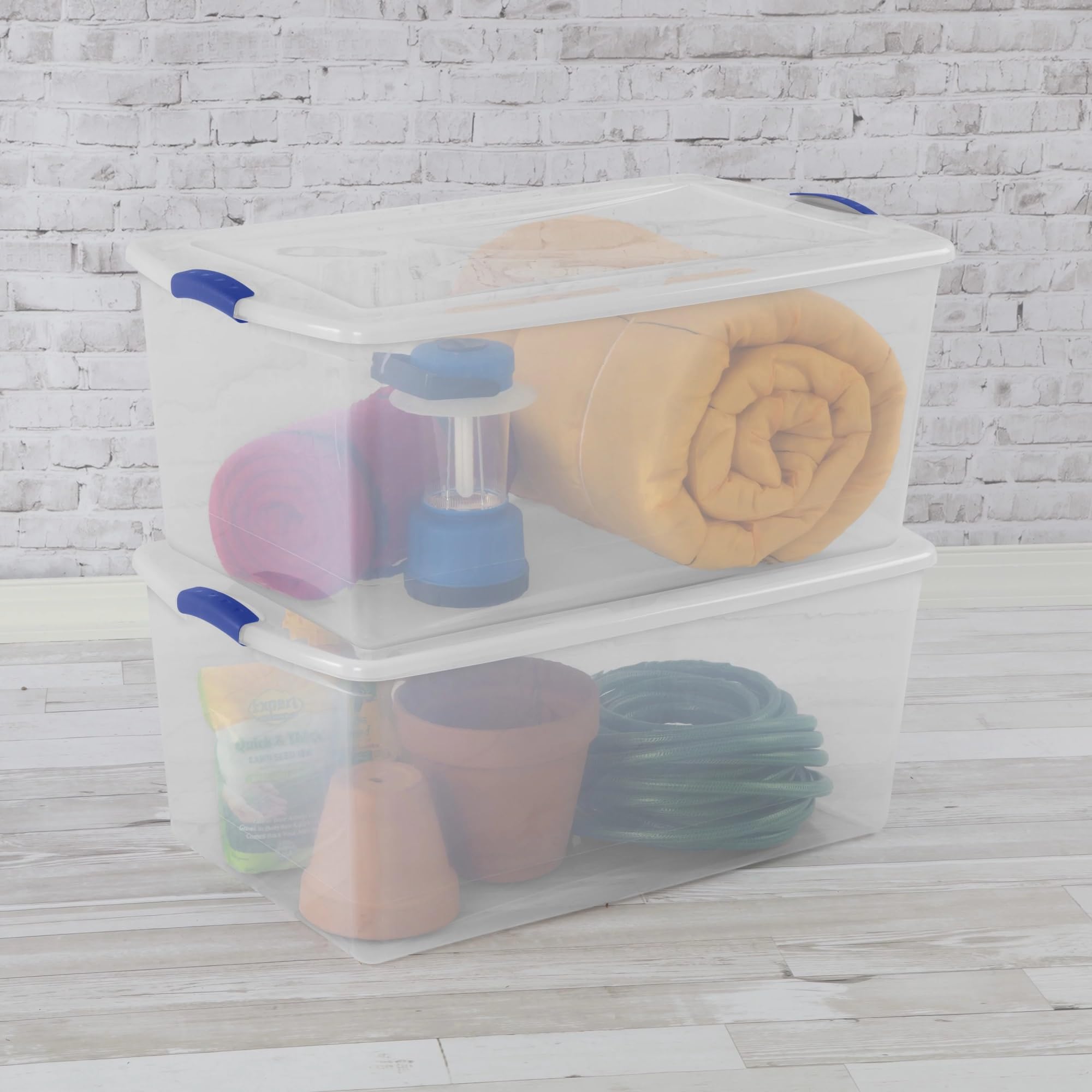 MevUs 105 Qt. Clear Plastic Latching Box, Blue Latches with Clear Lid Storage Box Home Organization and Storage Containers Organizer