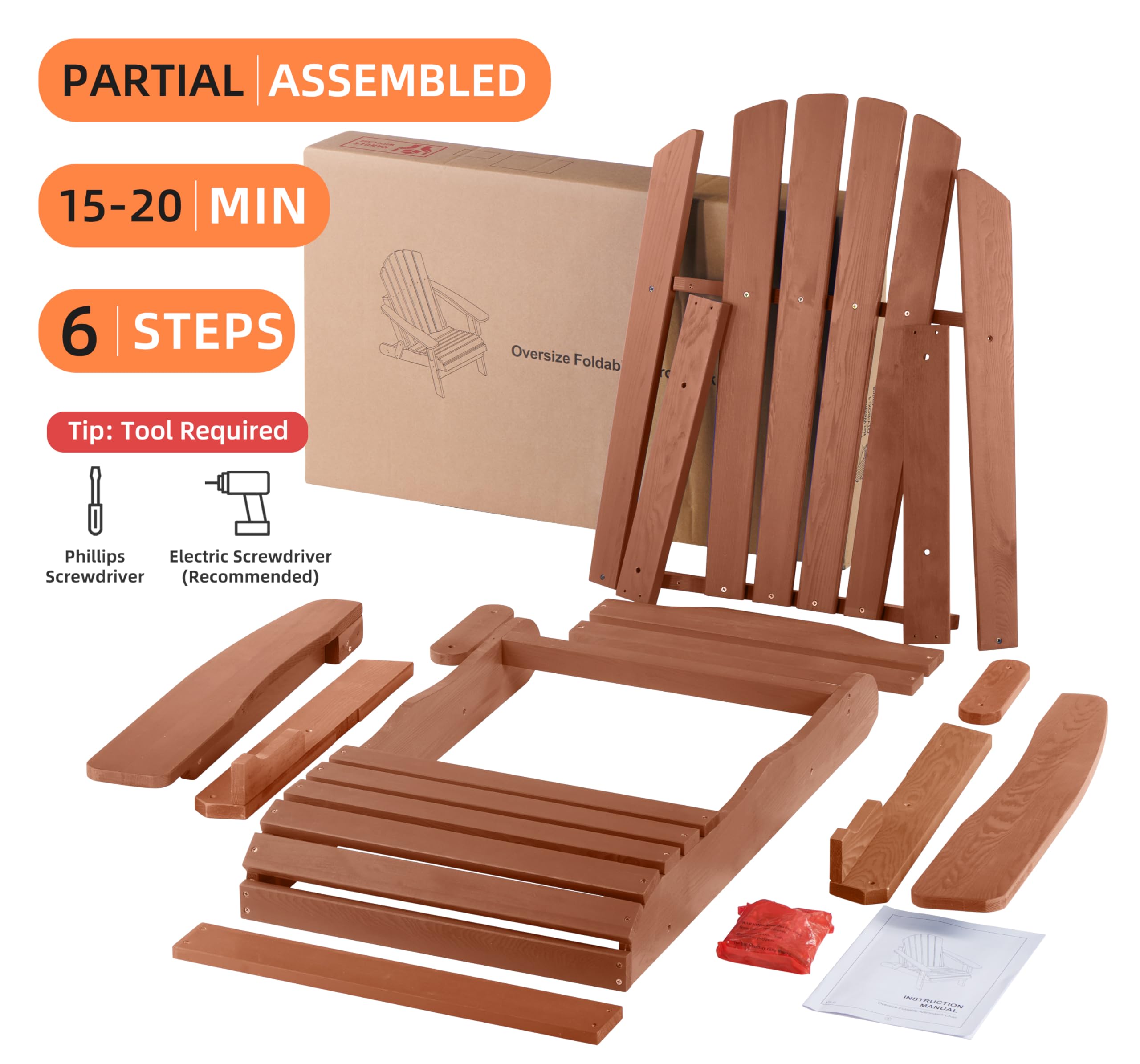 Oversized Wooden Folding Adirondack Chair with Pre-Assembled Backrest and Seat Board, Lounge Chair for Outdoor Patio Garden Lawn Backyard Firepit Deck Pool Beach