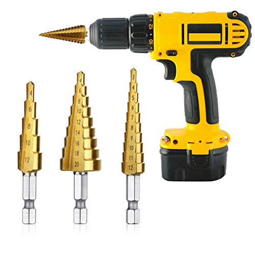 NACHEE 3Pcs Metric Titanium Coated Step Drill Bit Set, HSS Cone Drill Bit with 1/4" Hex Shank Drive Quick Change(3-12 mm 4-12 mm 4-20 mm)for DIY Woodworking, Plastic Wood