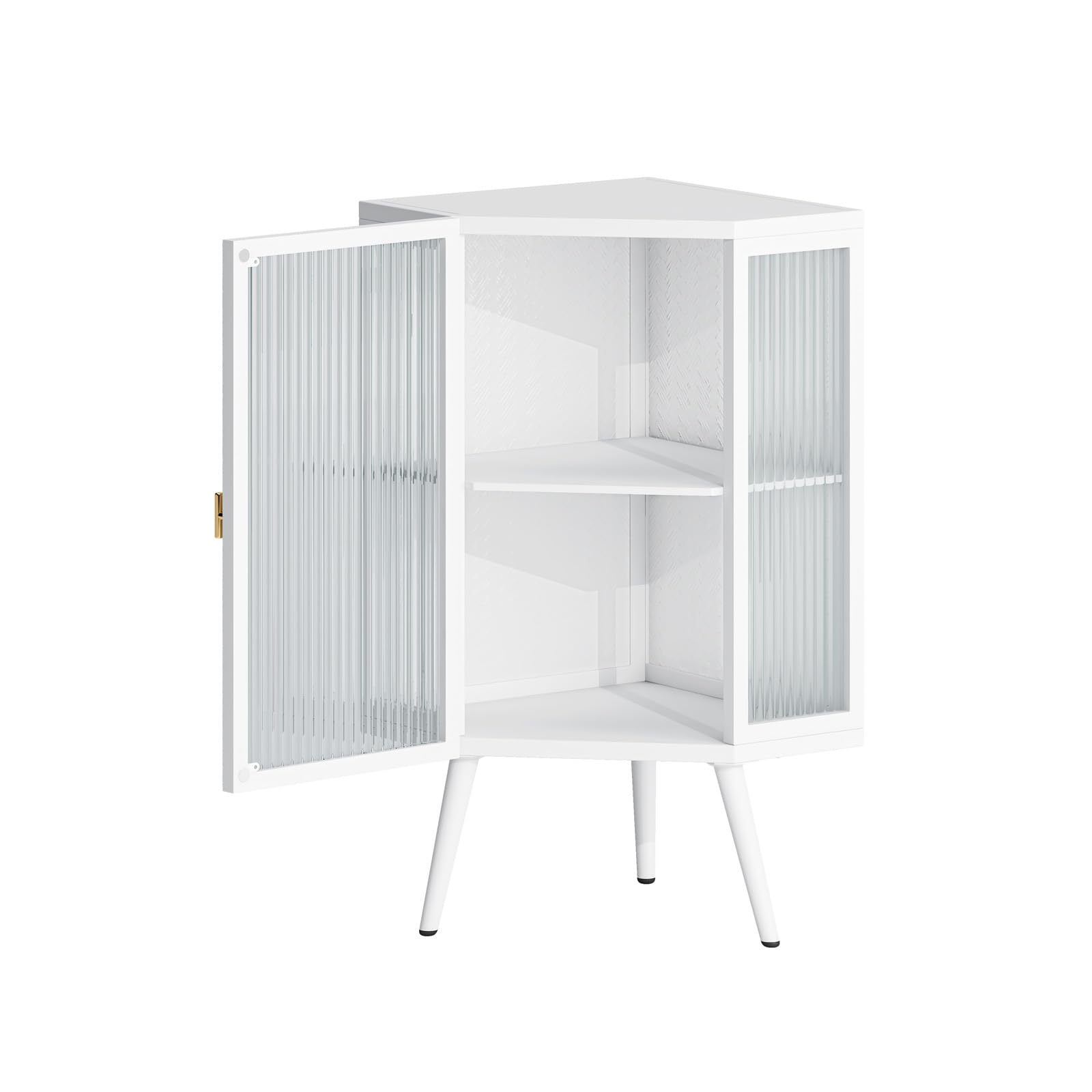 QMIT Corner Cabinet Table with Glass Doors, Small Metal Corner Storage Table ,Corner Hutch Cabinet for Bathroom, Living Room, Bedroom Kitchen (White—2 Tier)