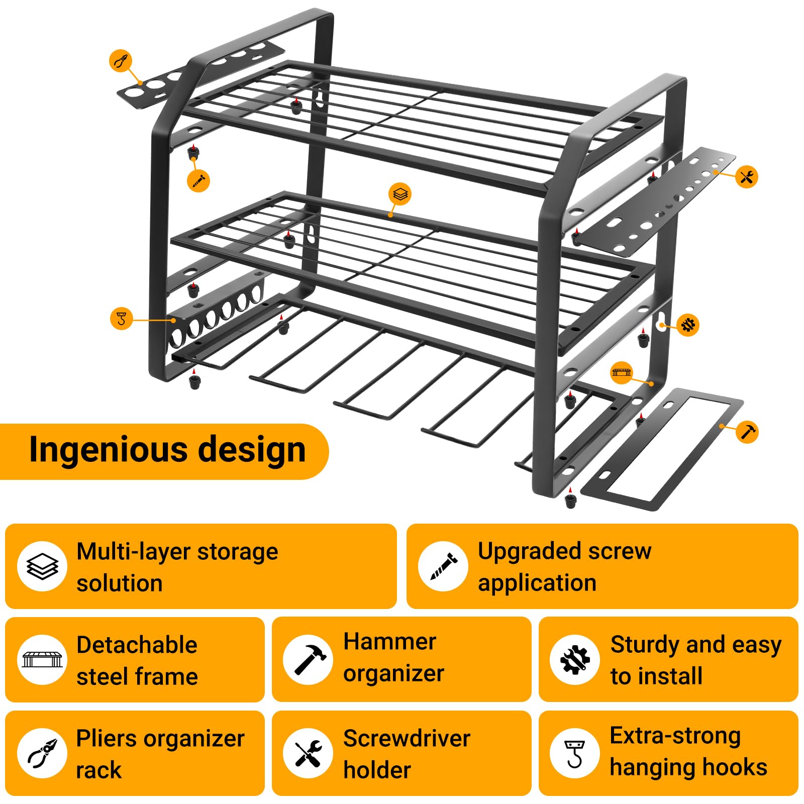 Power Tool Organizer Heavy Duty Wall Mount Tool Storage, Large Capacity Garage Organization Metal Utility Racks with 4 Drill Holders and Tool Slots