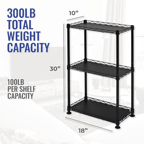SafeRacks - NSF Certified Storage Shelves, Zinc, Heavy Duty Steel Wire Unit with Wheels and Adjustable Feet, Garage or Bakers Rack, Kitchen, Pantry Shelf - (18"x10"x30" 3-Tier) (Black)