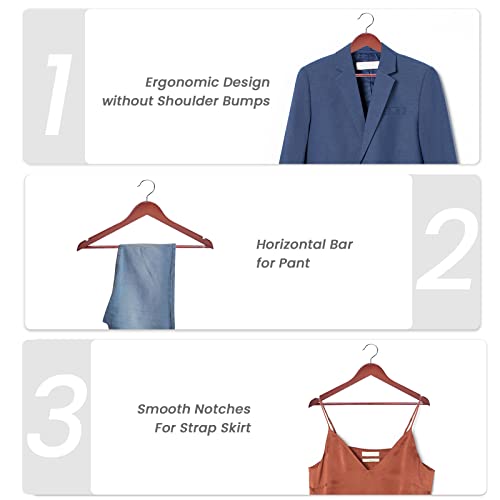 Nature Smile Wooden Suit Hangers 20 Pack Premium Solid Wood Coat Clothes Hangers with Non Slip Bar - Smooth Finish with 360° Swivel Hook and Smooth Notches for Camisole Jacket Pant Dress Cherry Color