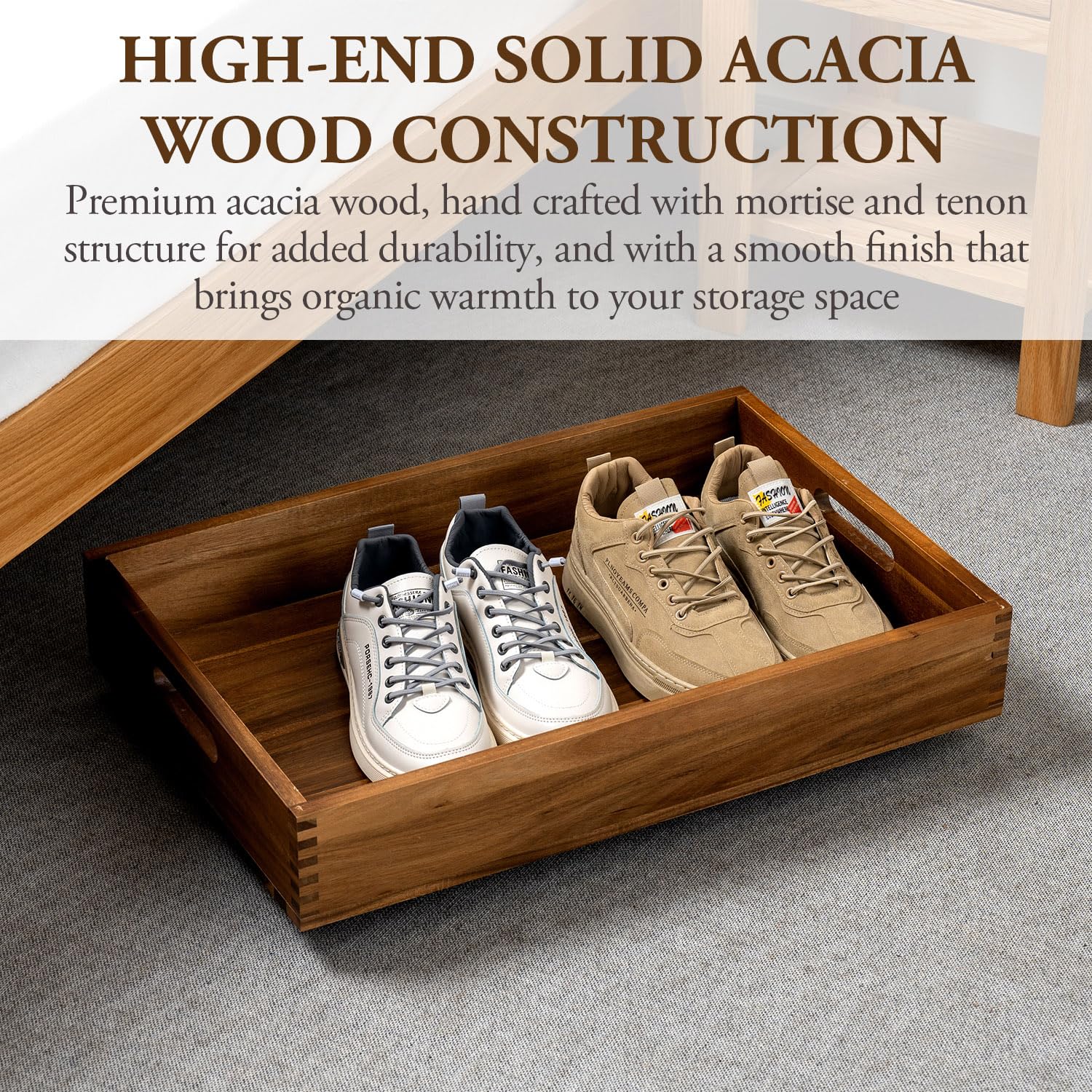 MyGift 24 Inch Premium Acacia Solid Wood Under Bed Storage Cart with Rotating Wheels, Wooden Box Joint Corner Rolling Underbed Bin Tray Space Saving Bedroom Organizer