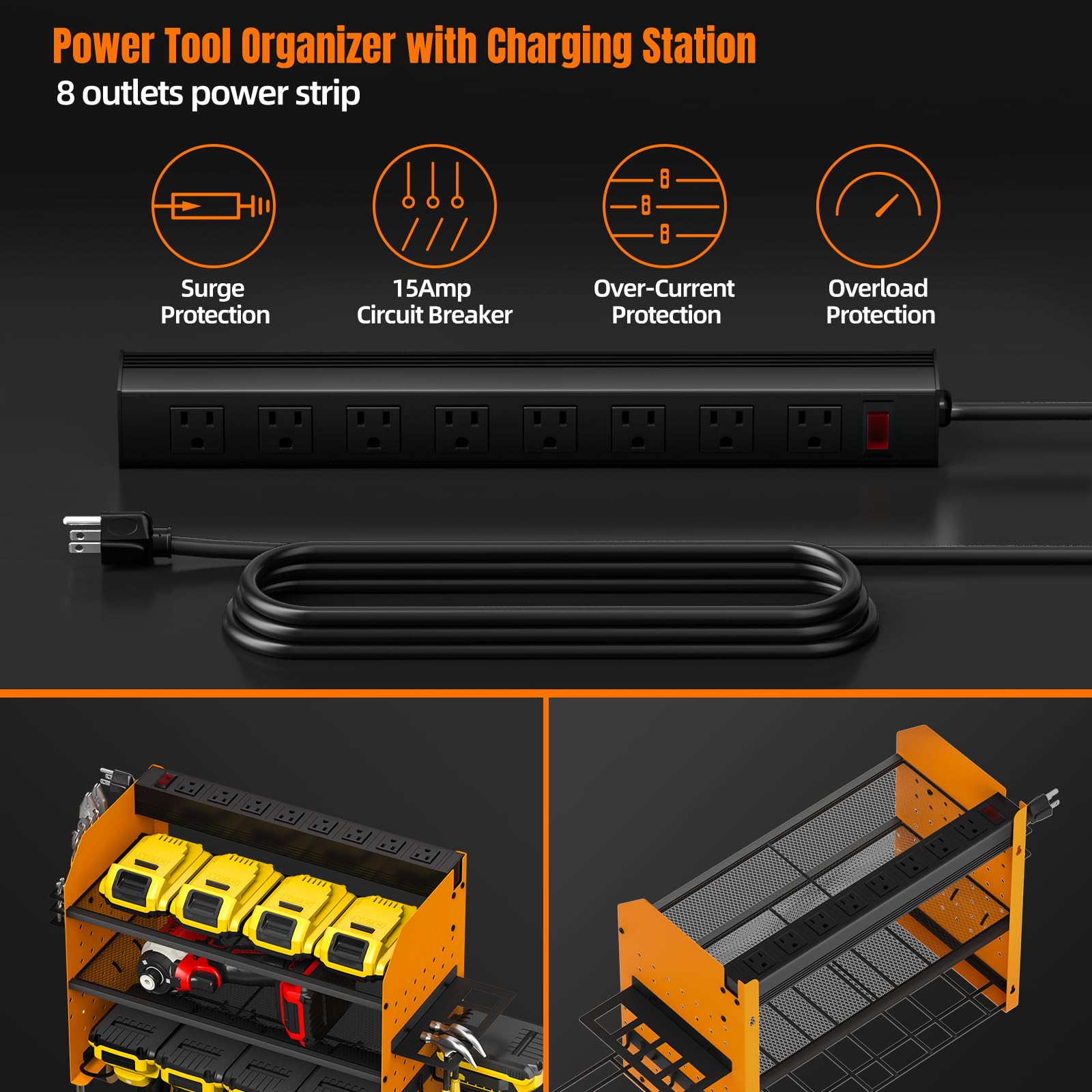 Power Tool Organizer Wall Mount with Charging Station, Utility Racks with Drill Holder for Garage Organization, Tool Shelf with Hooks, Screwdriver/Plier/Hammer/Drill Bit Holder, 8 Outlet Power Strip