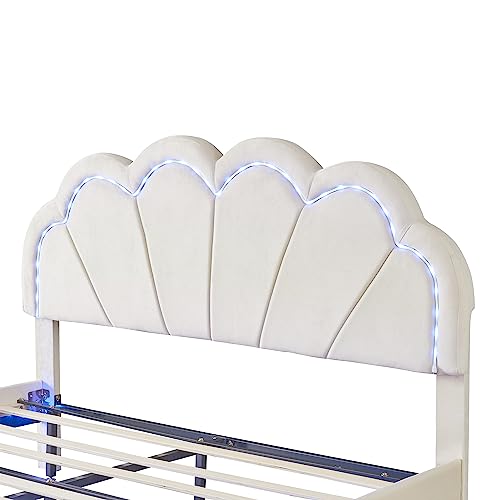 Queen Upholstered Smart LED Bed Frame with Elegant Flowers Headboard,Wooden Slats Support, Floating Velvet Platform Bed for Kids (Beige/Flower2)