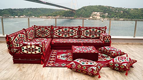 Maroon Floor Cushions, L Shaped Arabic Seating Sofas, Balcony Terrace Sofas, Washable Cushion Covers, Traditional Floor Couch, Arabic Majlis, Futon Sofa Bed (L Sofa Full Set)