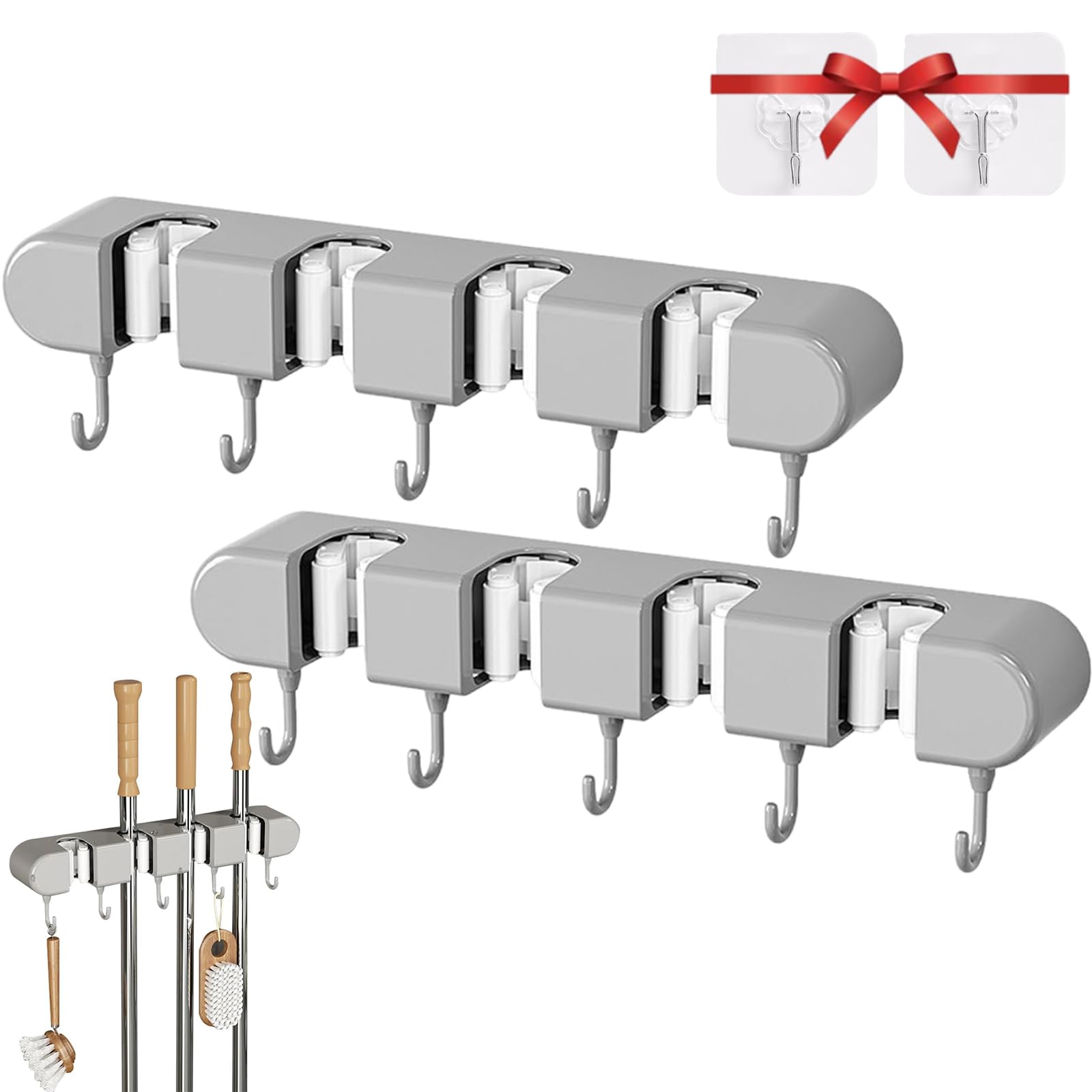 Oforest 2024 New Multifunctional Mop Holder With Hook, Punch Free Mop And Broom Holder Wall Mount Broom Rack, 4 Racks And 5 Hooks For Garage, Bathroom, Kitchen, And Garden Tool Storage (Grey*2Pcs)