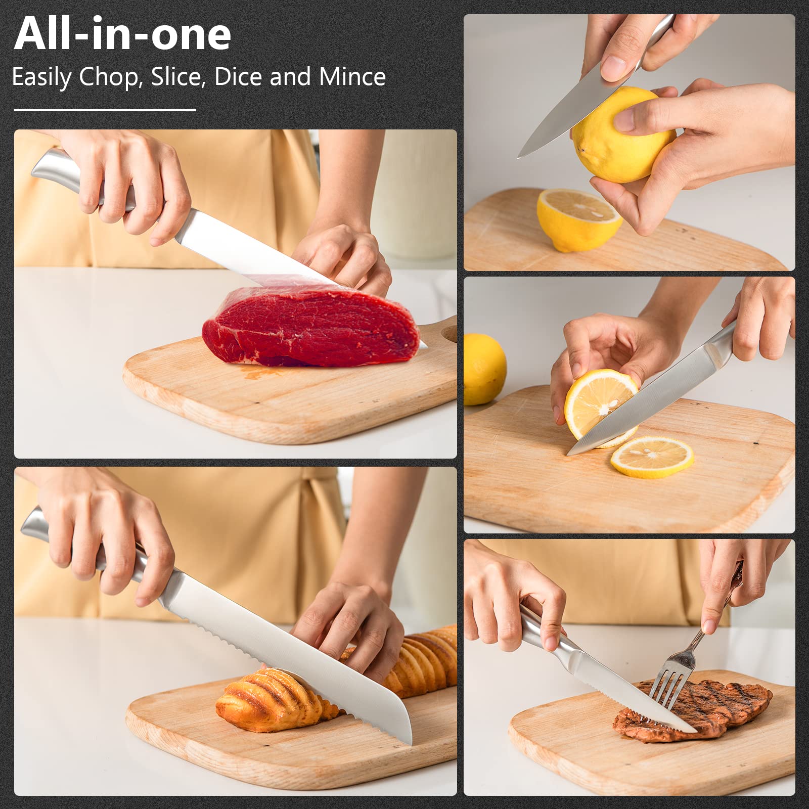 PETSITE Kitchen Knife Set, 14 Pcs Stainless Steel Kitchen Knife Block Sets with Sharpener, Boxed, for Home, Restaurant