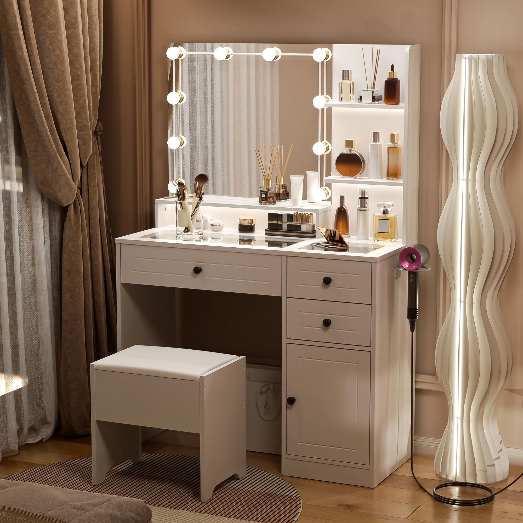 Spurgehom Makeup Vanity Desk with Mirror and Lights White Vanity Set with Drawers and Stool 37" Glass Top Dressing Table Shelves and Storage Cabinet 3 Lighting Modes Brightness Adjustable for Bedroom