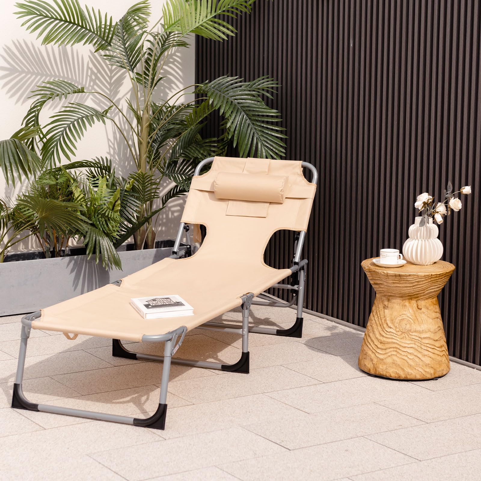 Moccha Folding Tanning Chair, Beach Lounger with Face Hole, 5-Position Adjustable Backrest, Side Pocket, Removable Pillow, Portable Bench Lounge Chairs for Outside Patio Pool Lawn (1, Beige)
