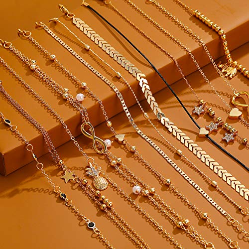Starain 12pcs Women's Charm Anklet Set Gold Multilayer Adjustable Ankle Bracelets Boho Beach Foot Anklet for Women Girls