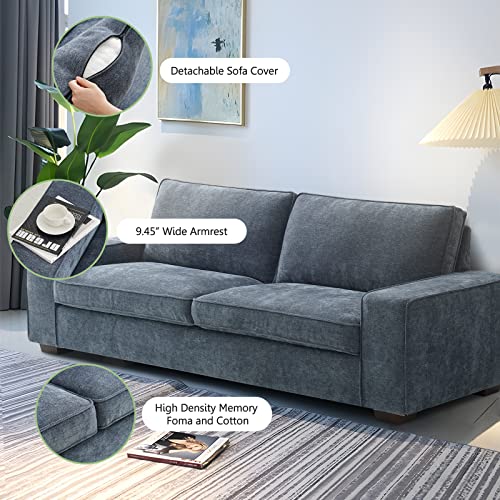 LEISLAND 88.58" Modern Sofas Couches for Living Room, Chenille Deep Seat Sofas & couches with Square Armrest, Removable Low-Back Sofa Cushion and Detachable Sofa Cover/Easy to Install(Blue)