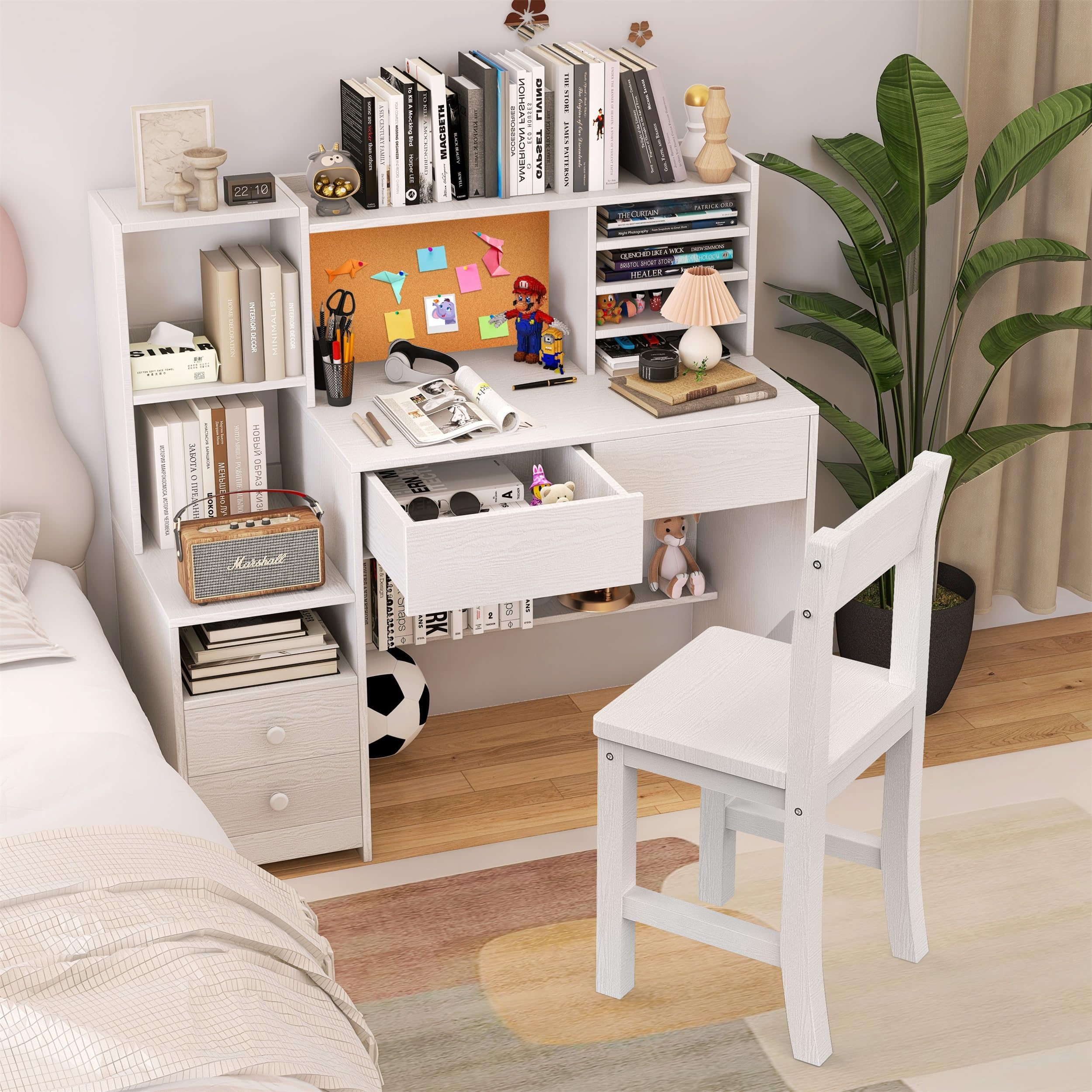 OZMSHF White Kids Desk and Chair Set for 8-12 Year Old,Kids Desk with Storage with 4 Drawers, Wooden Children School Study Table with Hutch,Kids Table and Chairs Ages 6-12