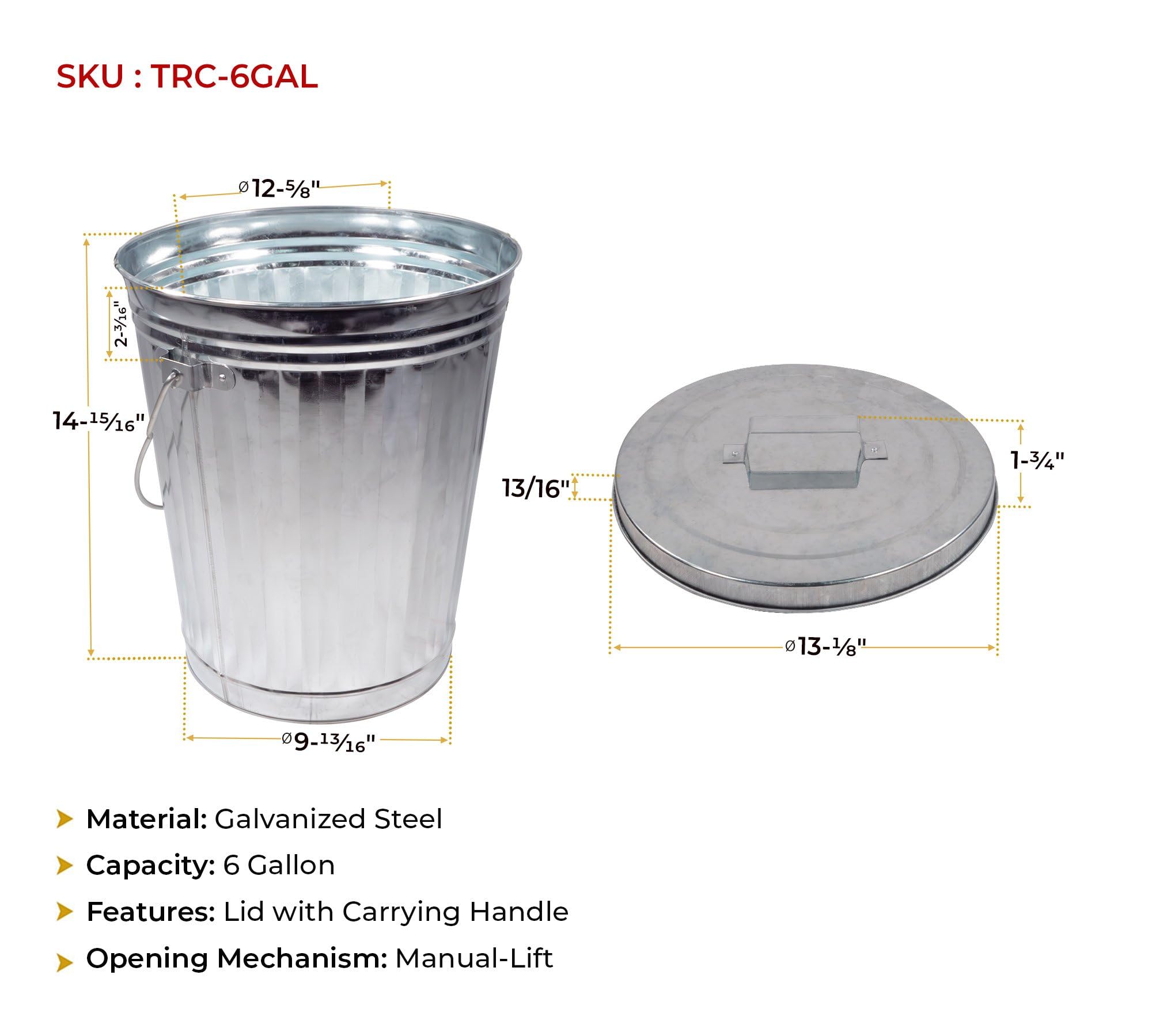 Mytee Products Galvanized Trash Can w/Lid Ideal for Trailers - 6 Gallon Steel Mounted Small Outdoor Garbage Can for Home, Office, Bathroom, Kitchen - Fire and Heat Resistant
