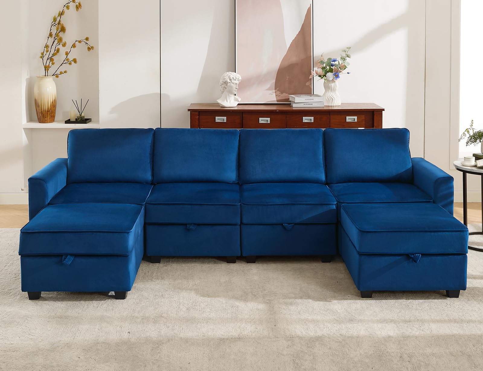 ohllob 110" Modular Sectional Sofa with Storage, 6 Seat Convertible Couches for Living Room, Velvet U Shaped Sofa Bed Couch, Blue