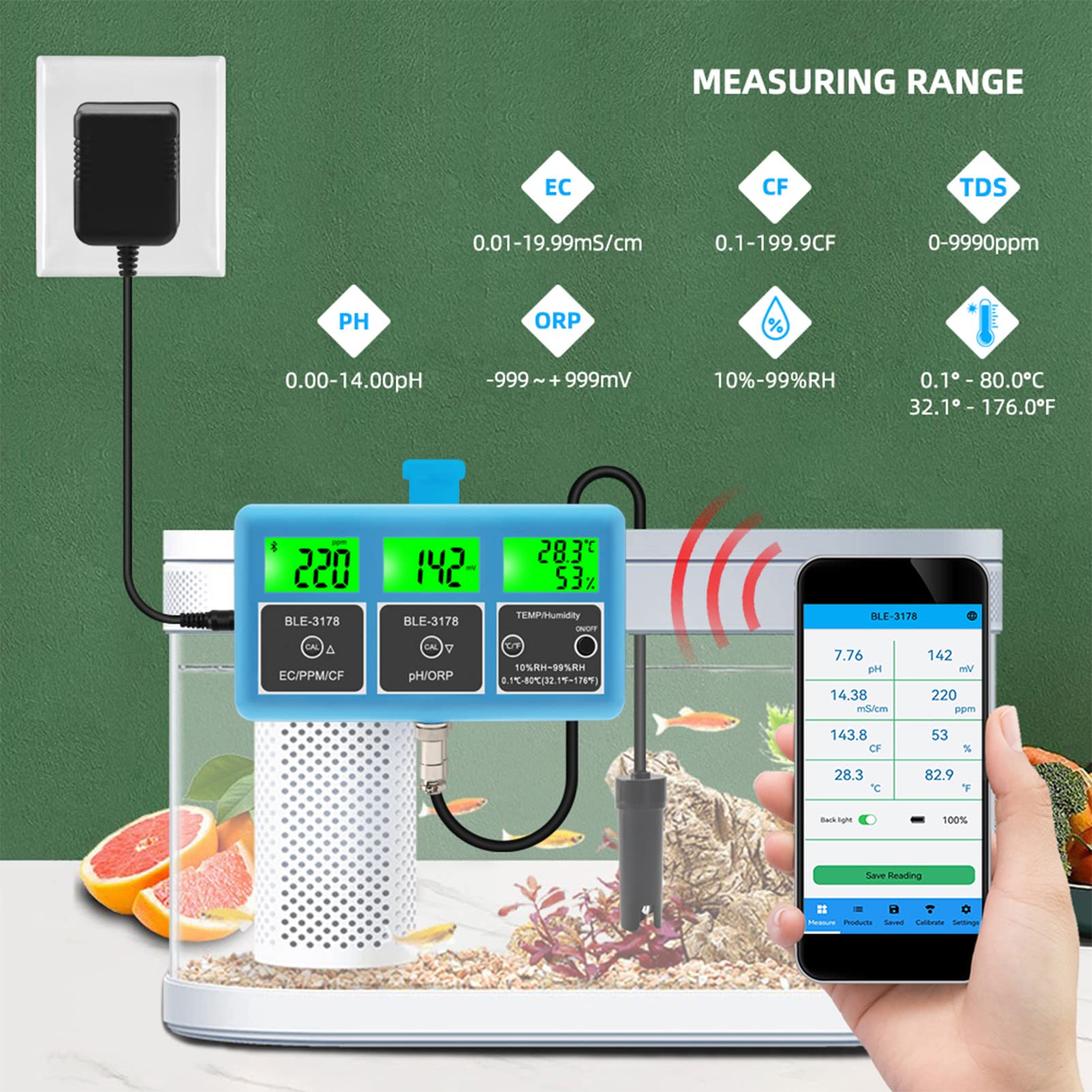 PH Meter, Water Quality Tester 7 in 1 IP67 Buzzer Alarm for Swimming Pools (US Plug 110V)