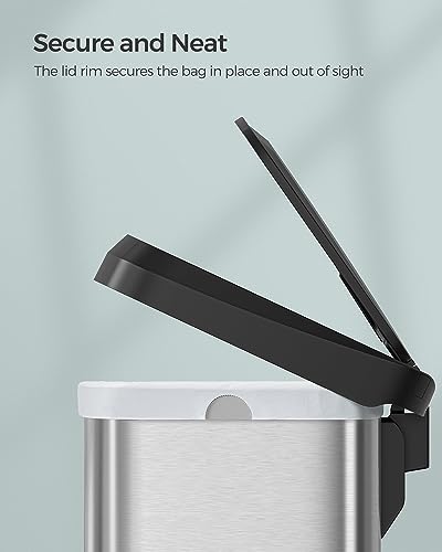 SONGMICS Kitchen Trash Can, 18-Gallon Stainless Steel Garbage Can, with Stay-Open Lid and Step-on Pedal, Soft Closure, Tall, Large and Space-Saving, Silver and Black ULTB520E68