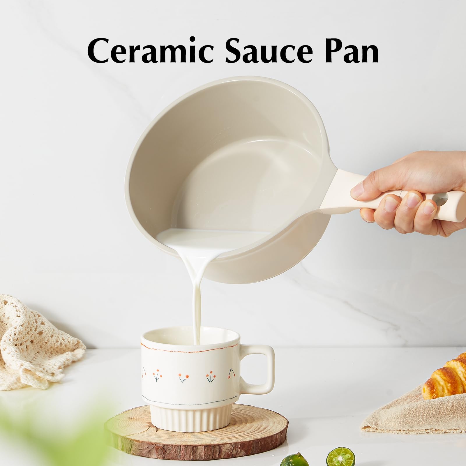 ROCKURWOK Ceramic Nonstick Sauce Pan with lid, 2QT Small Pot for Cooking, Stay-cool Handle, Non Toxic & PFAS-Free, Compatible with All Cooktops