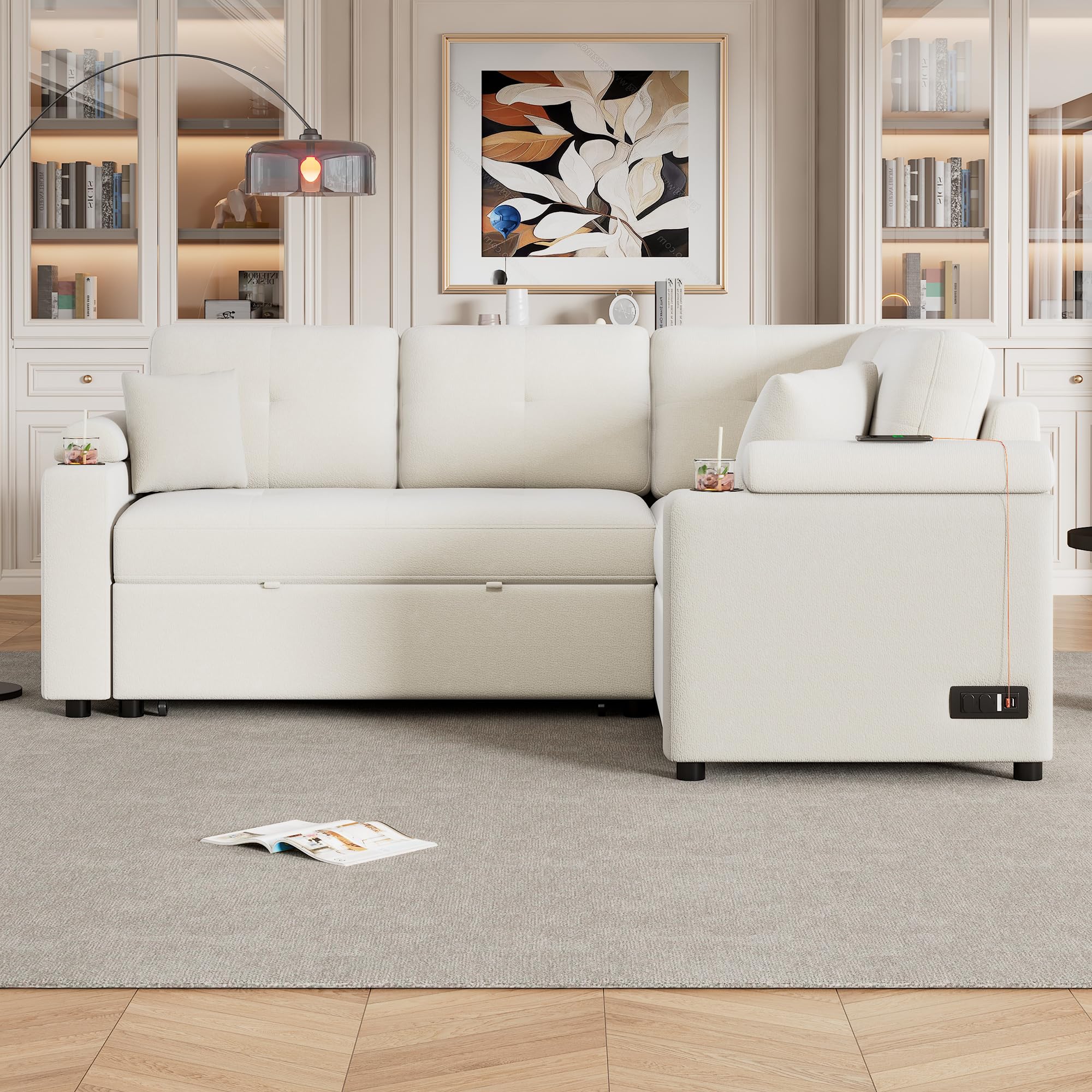 P PURLOVE Sectional Sofa with Pull-Out Sofa Bed, Boucle L-Shape Sleeper Sofa with Wheels, USB Charging Port and Power Sockets, Modern Upholstered Couch for Living Room, Bedroom, Apartment (Beige)