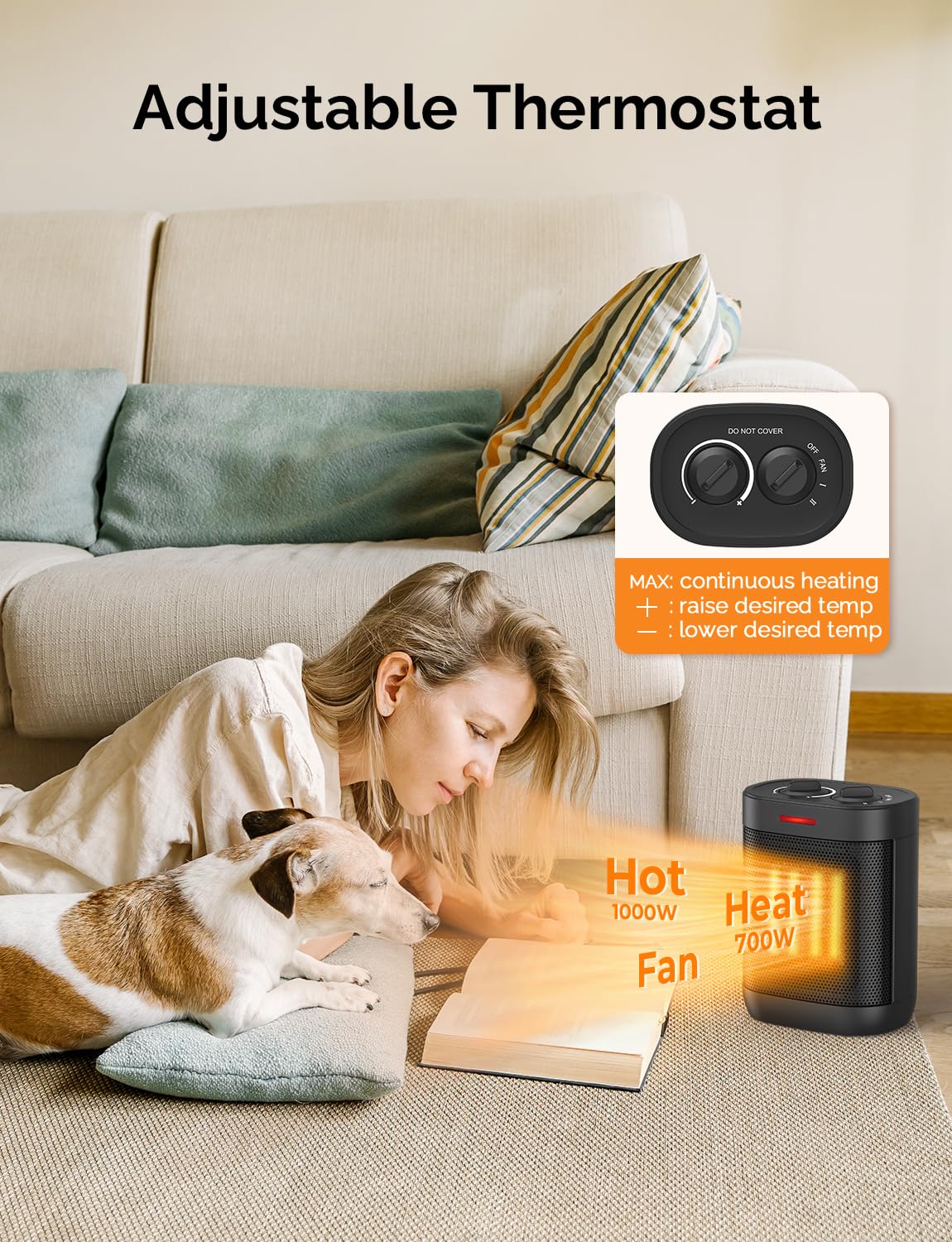 Small Space Heater for Indoor Use, PTC Electric Heater for Bedroom, 1000W Fast Heating with Thermostat, Overheating & Tip-Over Protection, Portable Small Heater