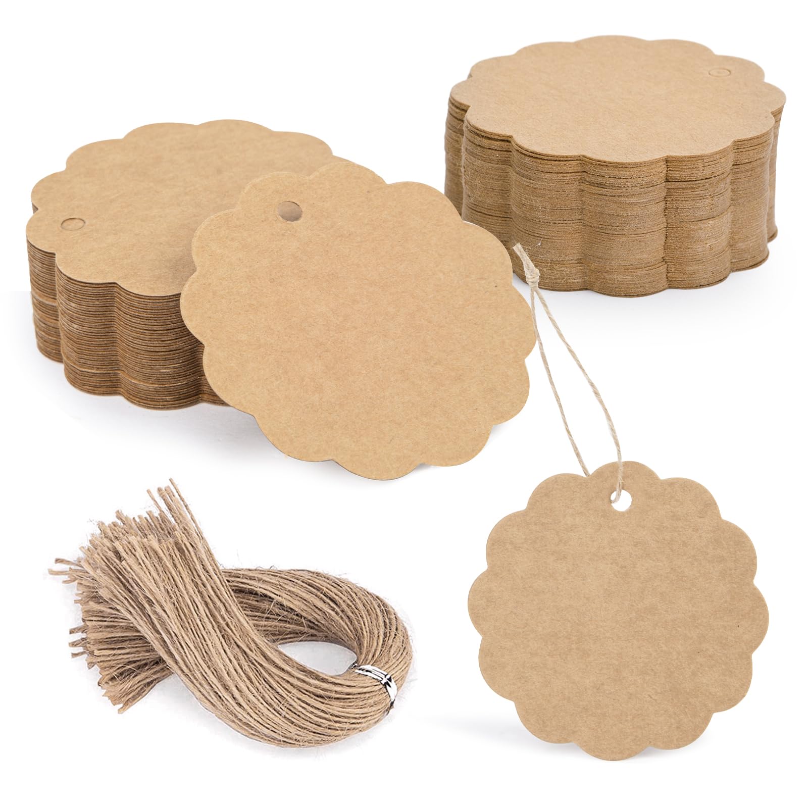 SallyFashion 200PCS Kraft Paper Tags with String, Round Circle Gift Tags 2.4" Editable Tags Clothes Tags for DIY Crafts Wedding Party Favors