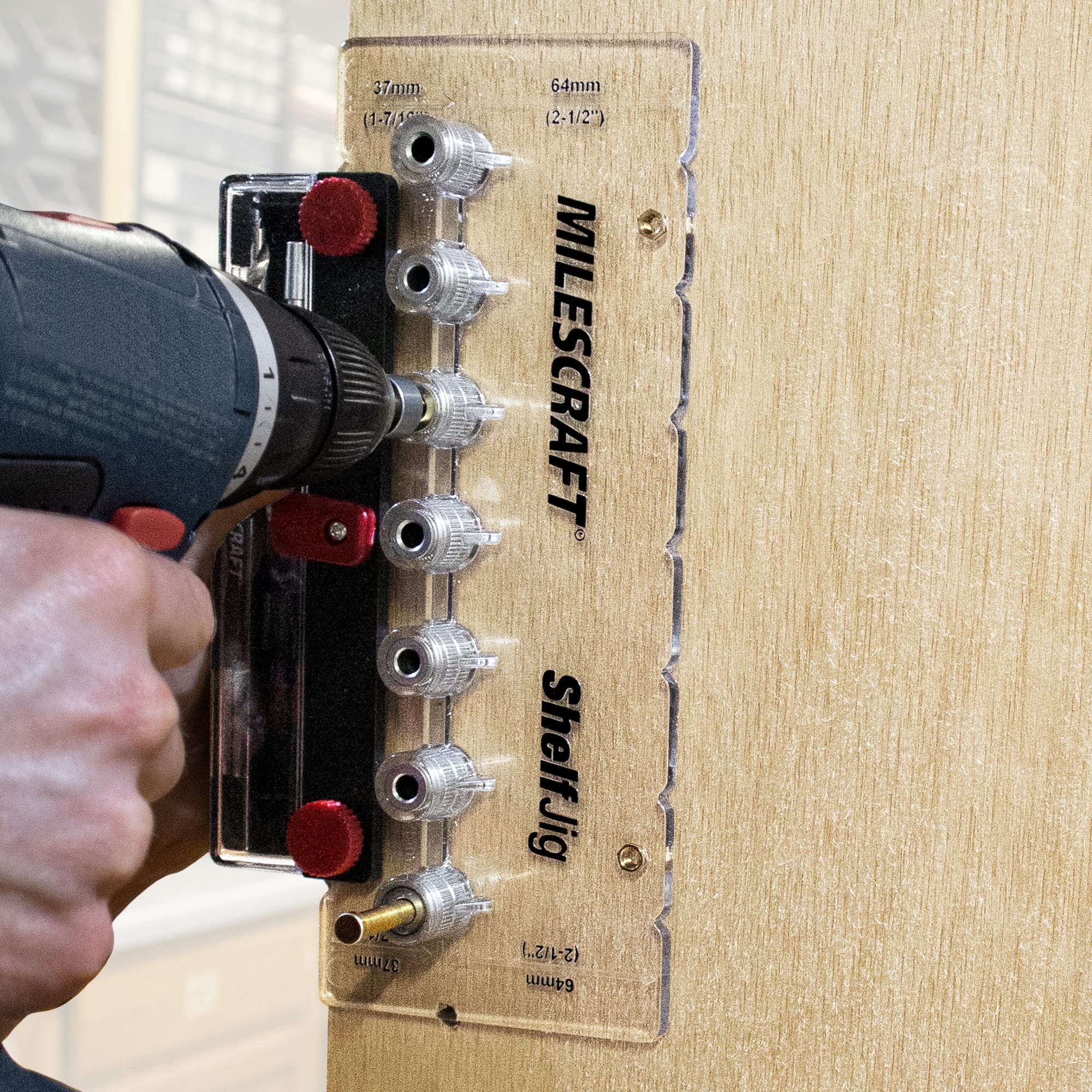 Milescraft 1343 Shelf Jig – Create ¼ in. and 5mm Shelf Pin Holes for Cabinets. Standard 32mm Spacing. Shelf Pin Jig includes Two Drill Bits