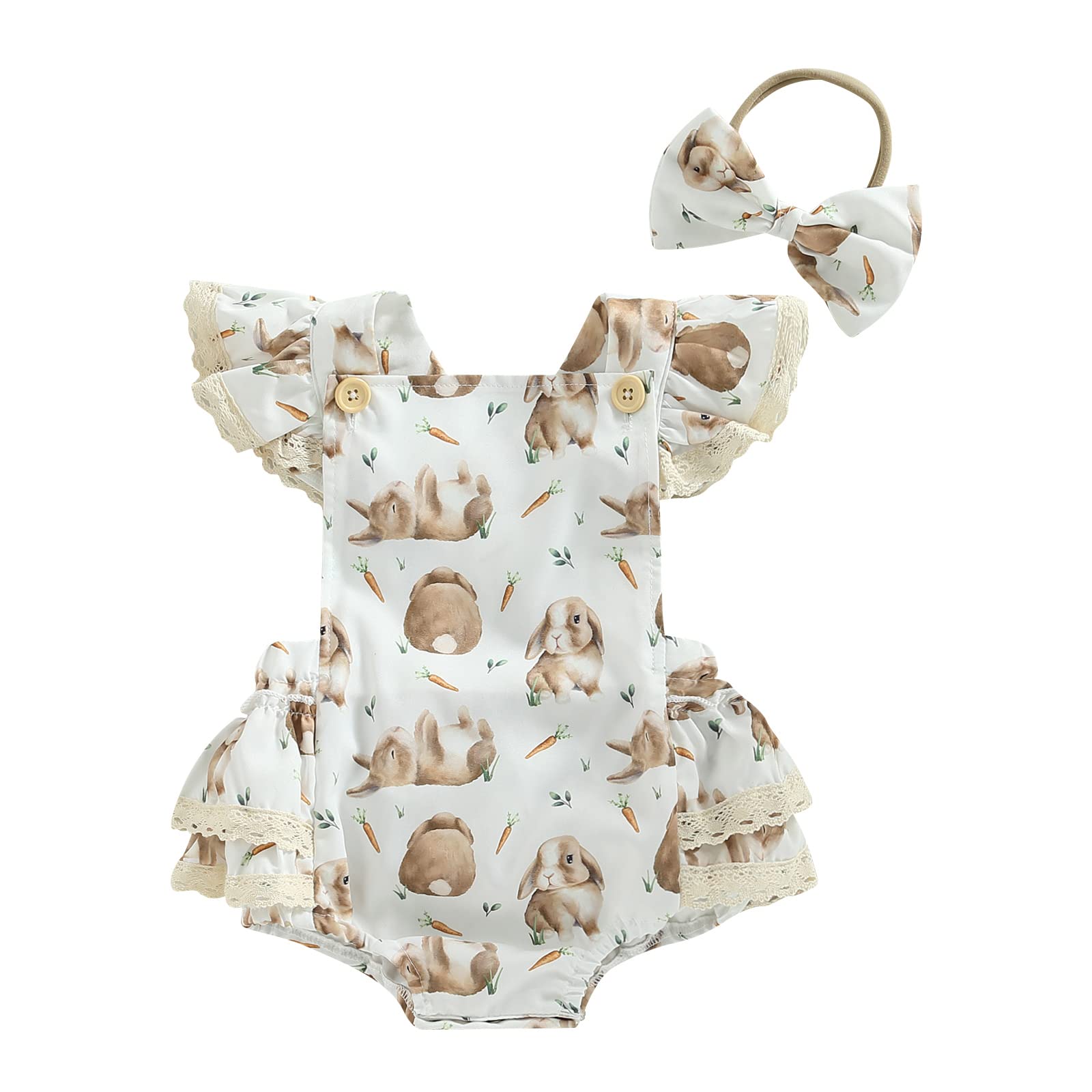 Newborn Baby Girls Easter Outfit Infant Bunny Romper Tutu Dress Rabbit Jumpsuit with Headband Clothes (White, 6-12 Months)