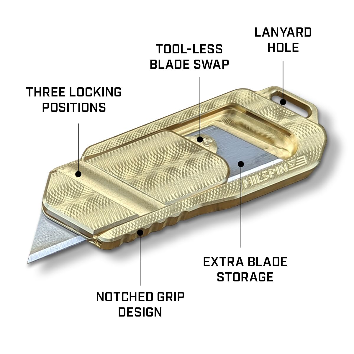 Milspin Magnus 2.0 Aluminum EDC Utility Knife with Retractable Razor and Internal Spare Blade Storage I 7 Blades Included I Made in USA