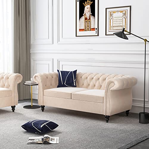 QHITTY Accent Sofa, Chesterfield Loveseat Modern Velvet Couch Upholstered Sofa with Tufted Back for Living Room Furniture (Beige)
