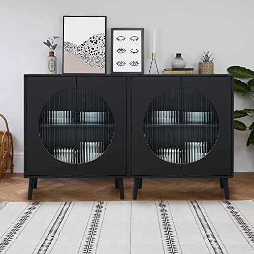 QHITTY Glass Sideboard Buffet Cabinet, Simple Accent Kitchen Storage Cabinet Modern Console Table TV Stand with Adjustable Shelves for Living Room, Dining Room, Bedroom (Black)