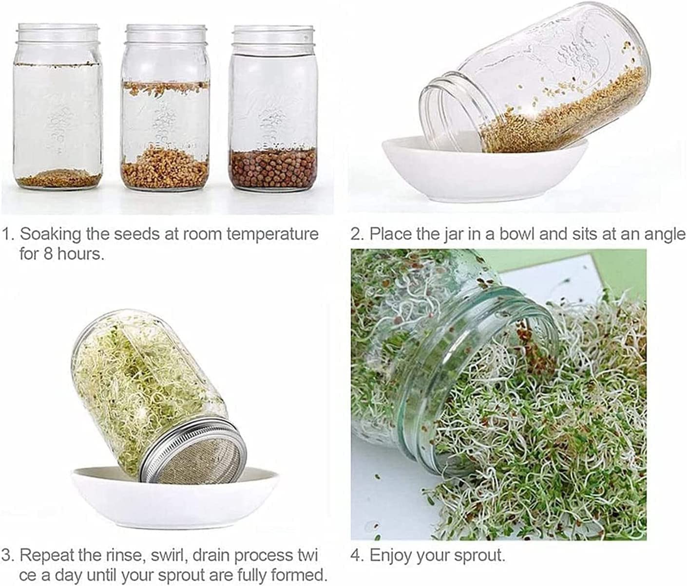 Mason Jar Canning Sealing Shaker Strainer Lid 316 Stainless Steel Wide Mouth Sprouting Lids Screen Mesh Strainer Lid for Salad Sprouts Alfalfa Broccoli Seeds Sprouter Kit Rust-Proof