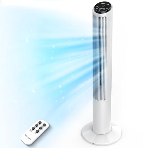 MIBOMIBO 40 inch White Tower Fan for Bedroom, Quiet Cooling Fan with LED Display, Oscillating Fans for Indoors with 3 Speeds, 15H Timer, Bladeless Fan, Standing Floor Fans,TF-K4007RW
